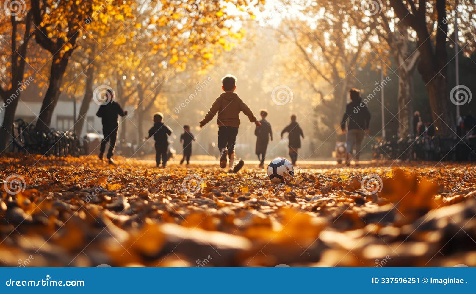 Children Playing Soccer in a Park with Fall Foliage Stock Illustration ...