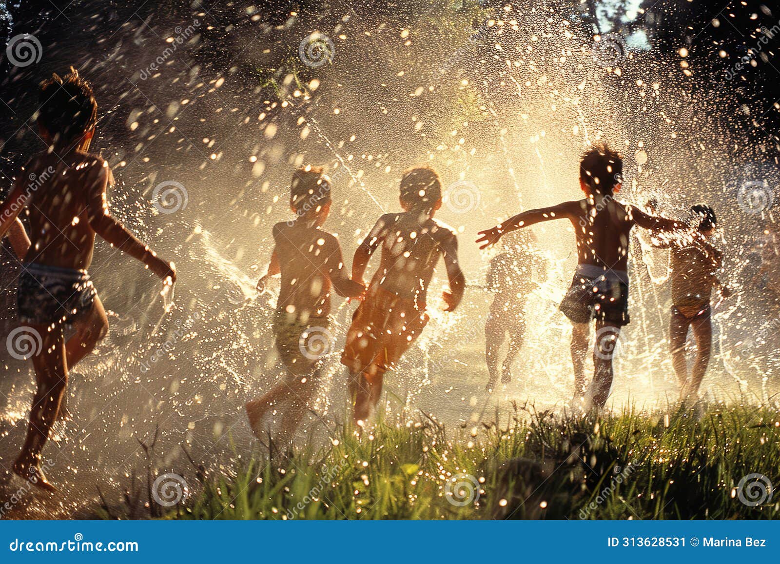 Children Playing and Splashing in Water during Sunset Stock Image ...