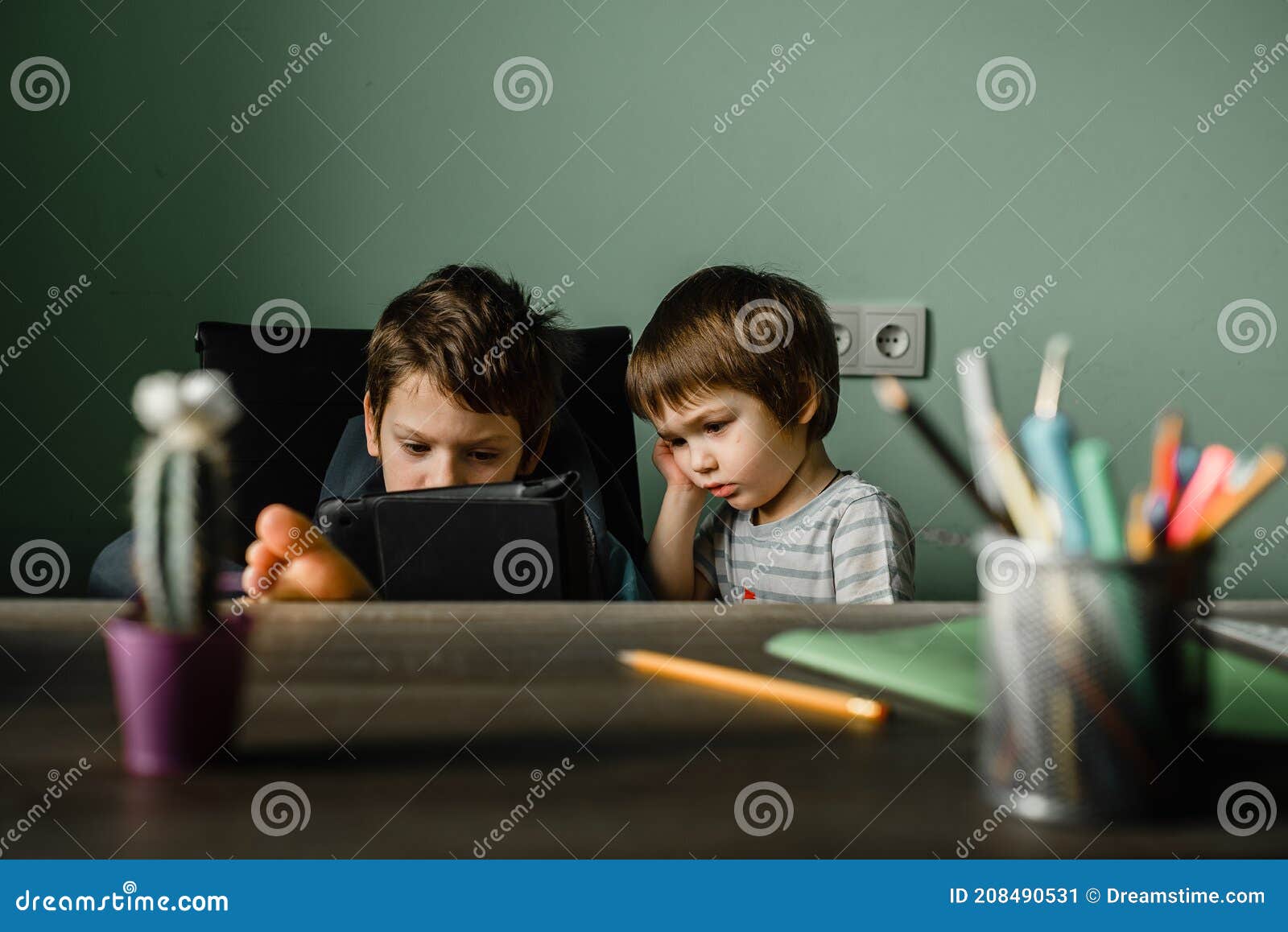 Children Playing Tablet at Home, Growing Up with Technology Stock Image ...