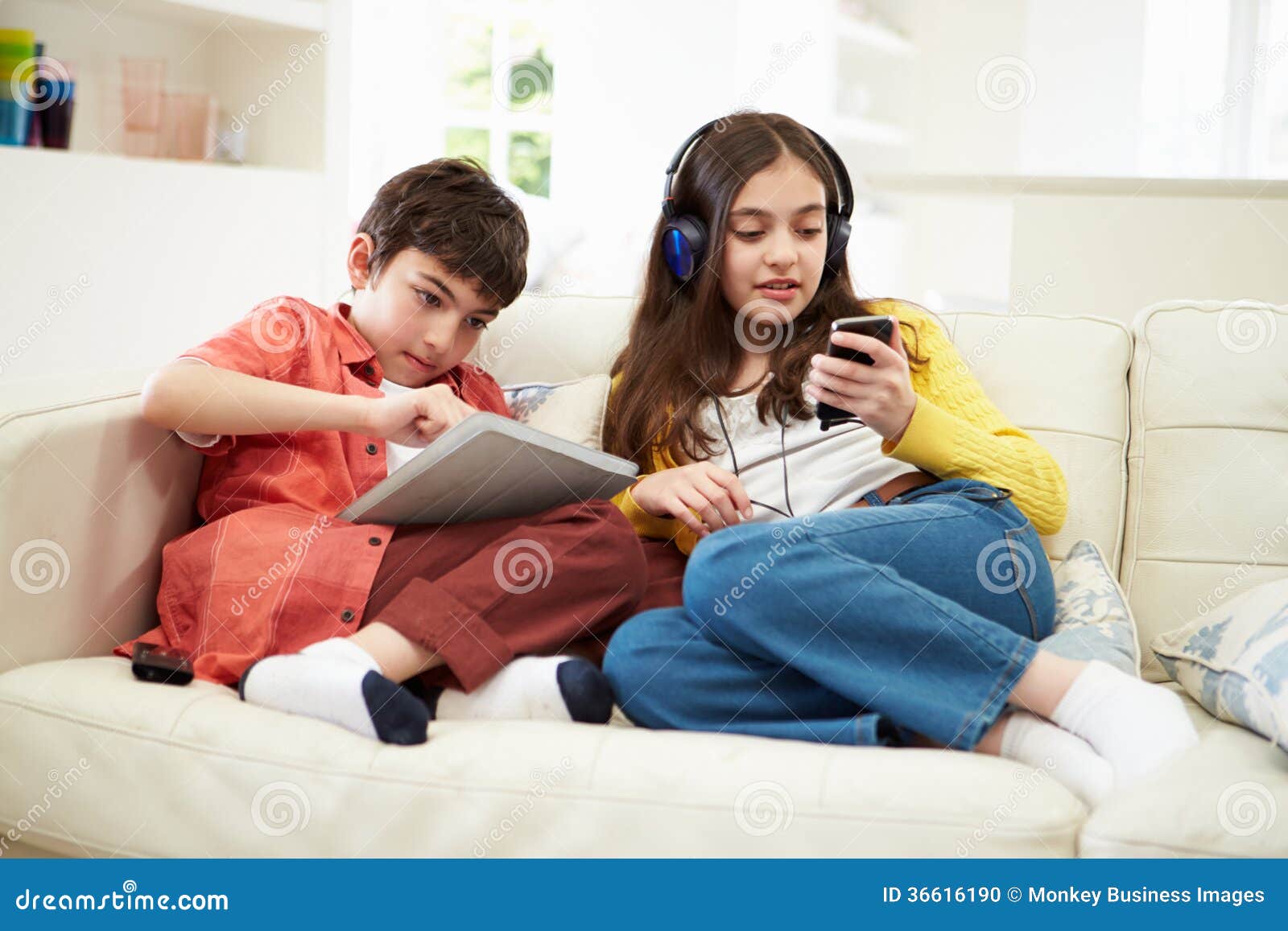Children Playing with Tablet and MP3 Stock Photo - Image of smiling ...