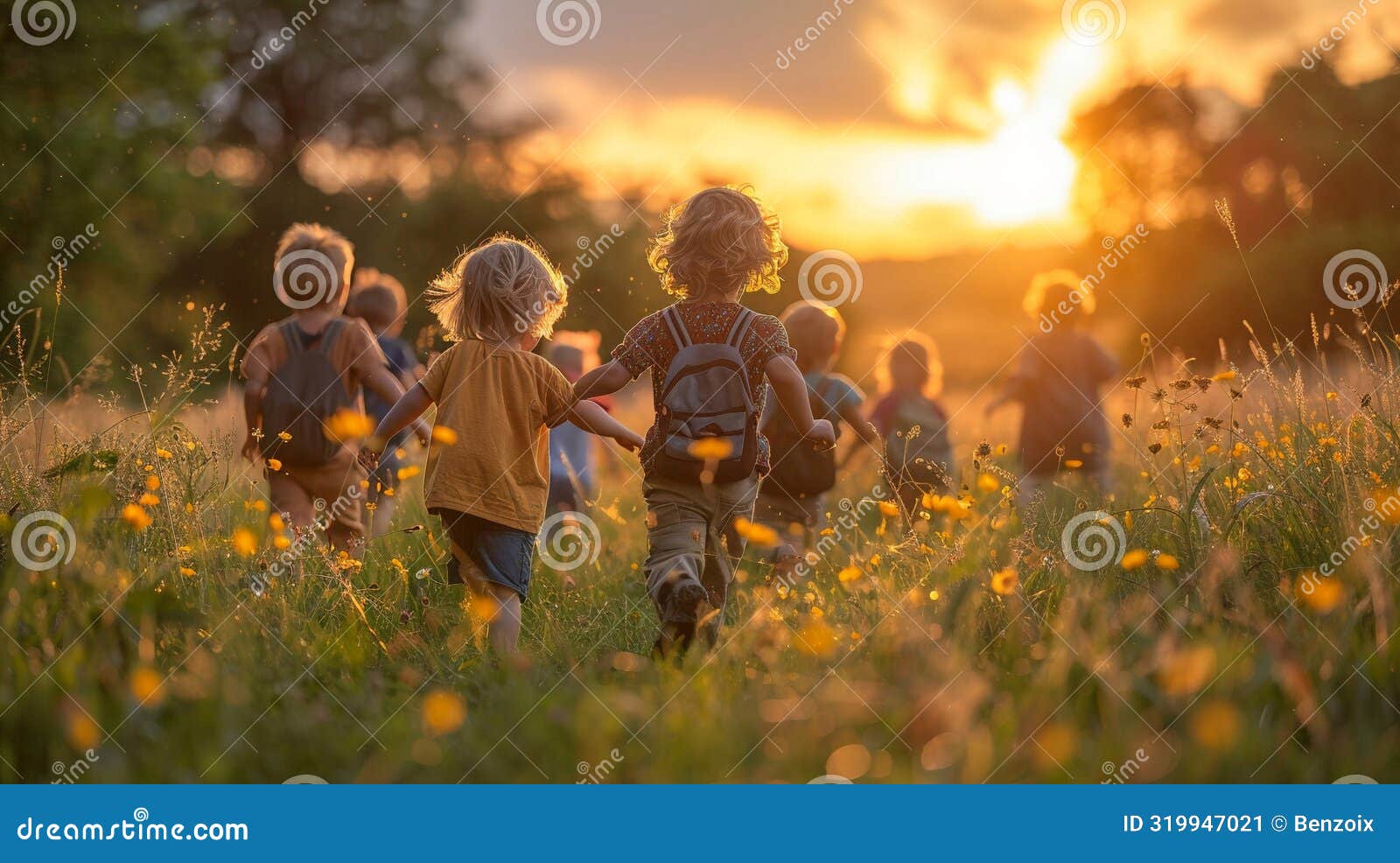 Children Playing Tag in a Field Wide Shot Stock Image - Image of ...