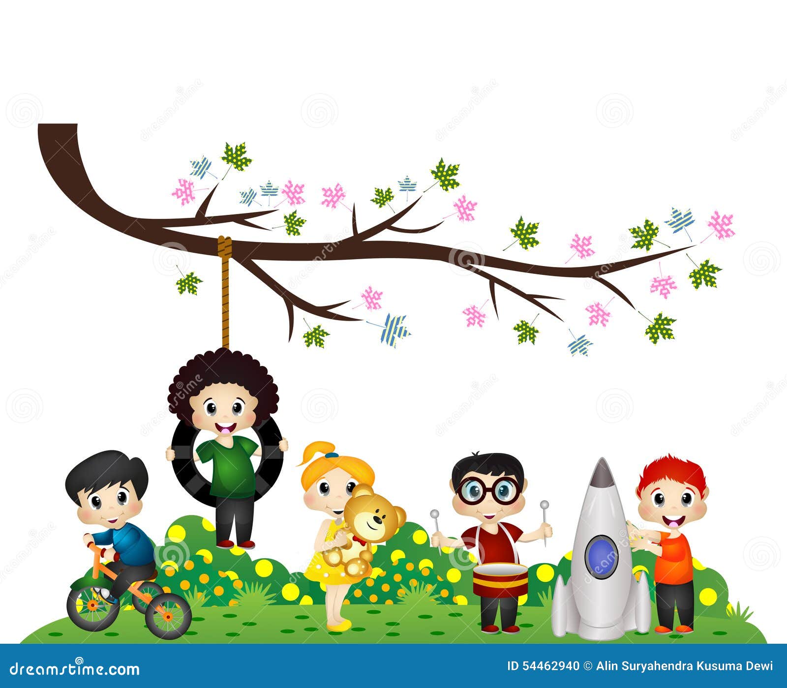 Children Playing Under a Tree Branch Stock Vector - Illustration of ...