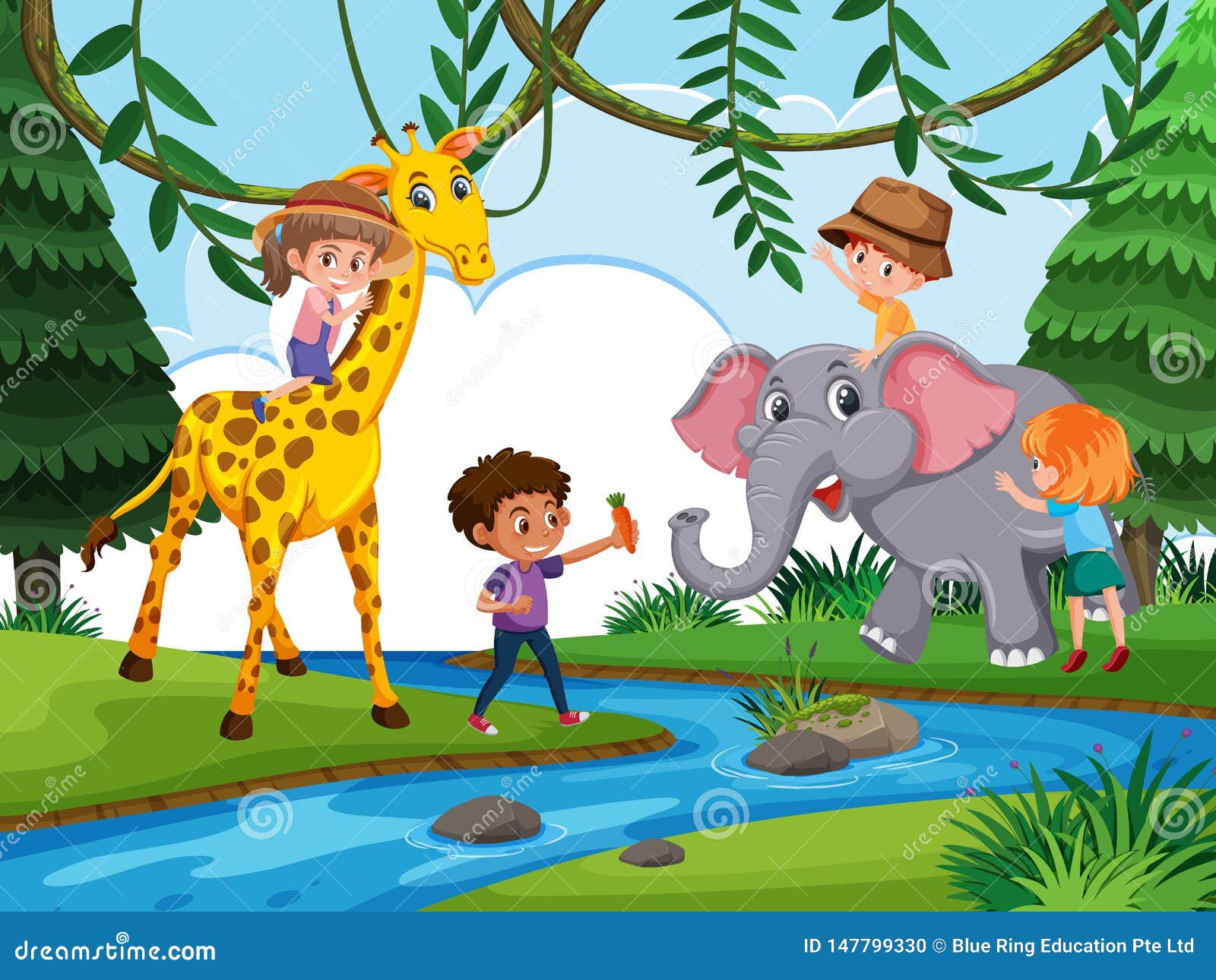 Children Playing with Wild Animal Stock Vector - Illustration of ride ...