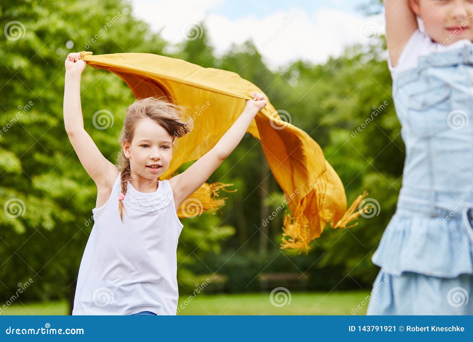 Children Playing with the Wind and Cloth Stock Image - Image of happy ...