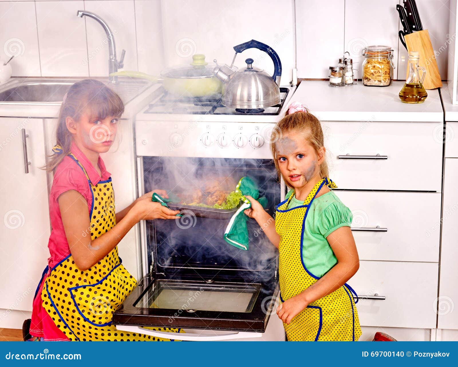 Children Poorly Cooking Chicken at Kitchen. Stock Photo - Image of burn ...