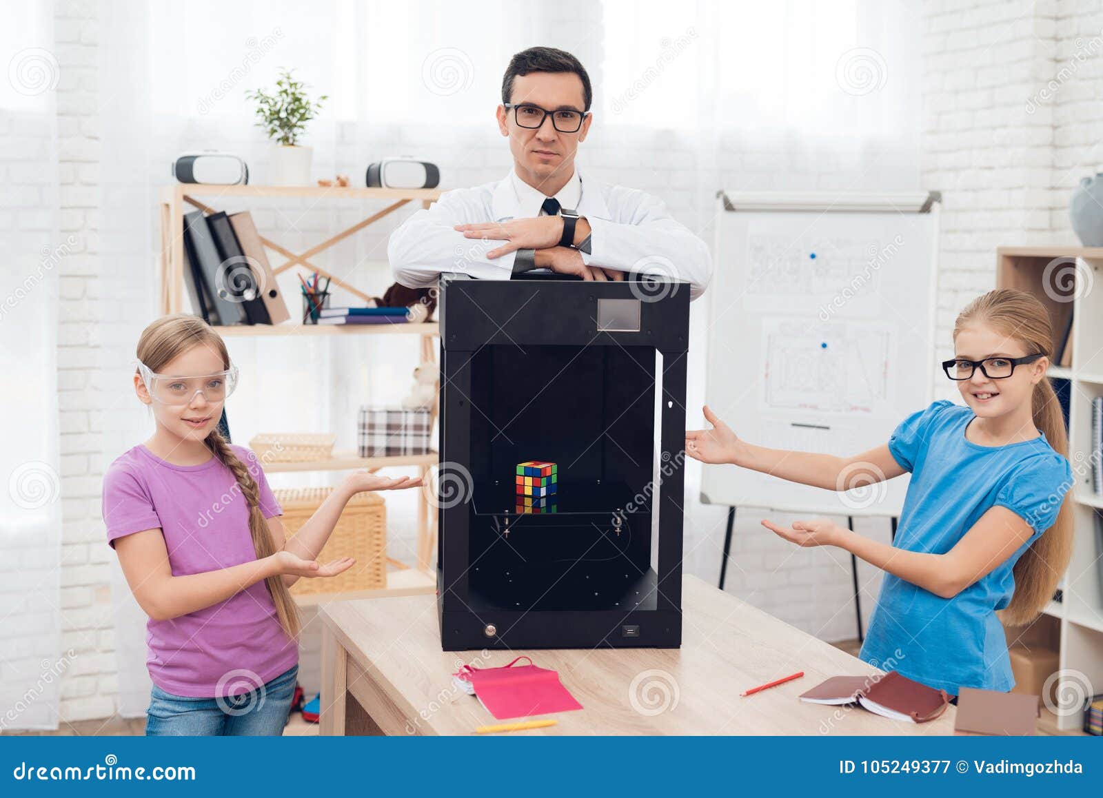 Children Posing on the Camera Together with the Teacher and 3d Printer ...