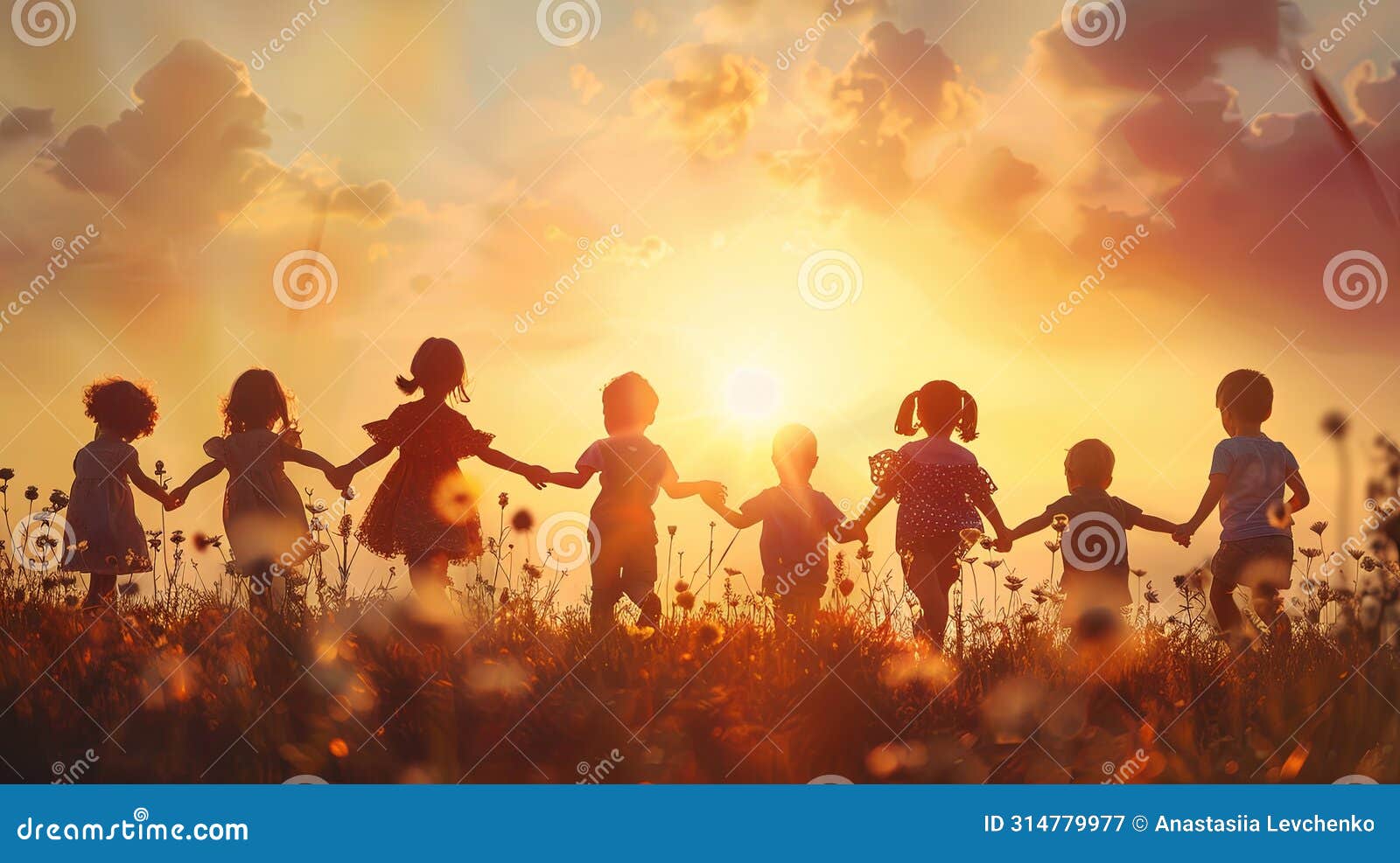 Children Protection Day. Children in the Field Holding Hands Stock ...