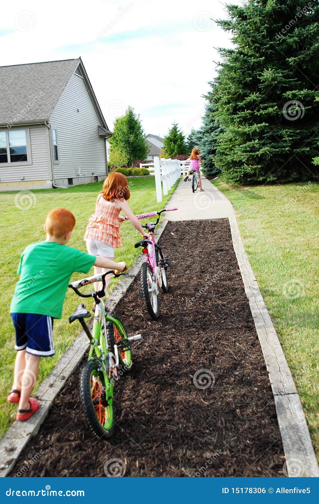 Children Pushing Bikes on Path Stock Photo - Image of pushing, cycles ...