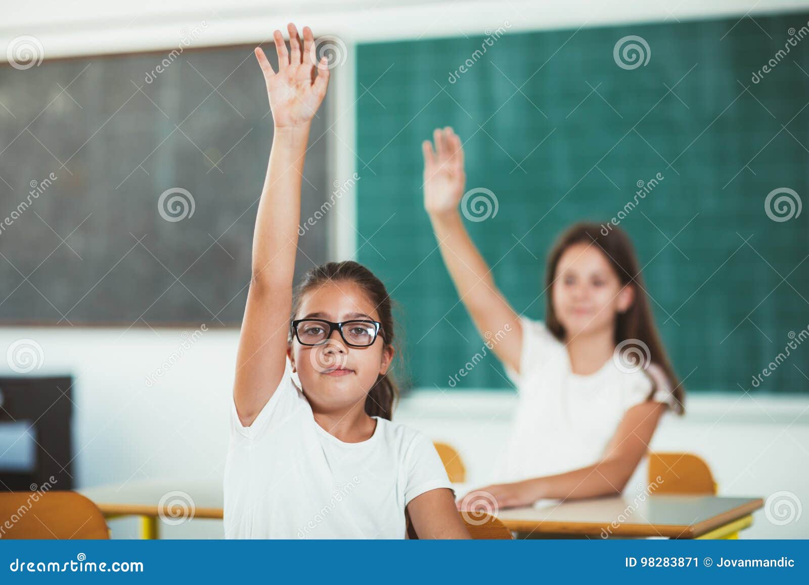 Children Raised Hands in Class Room Stock Image - Image of caucasian ...