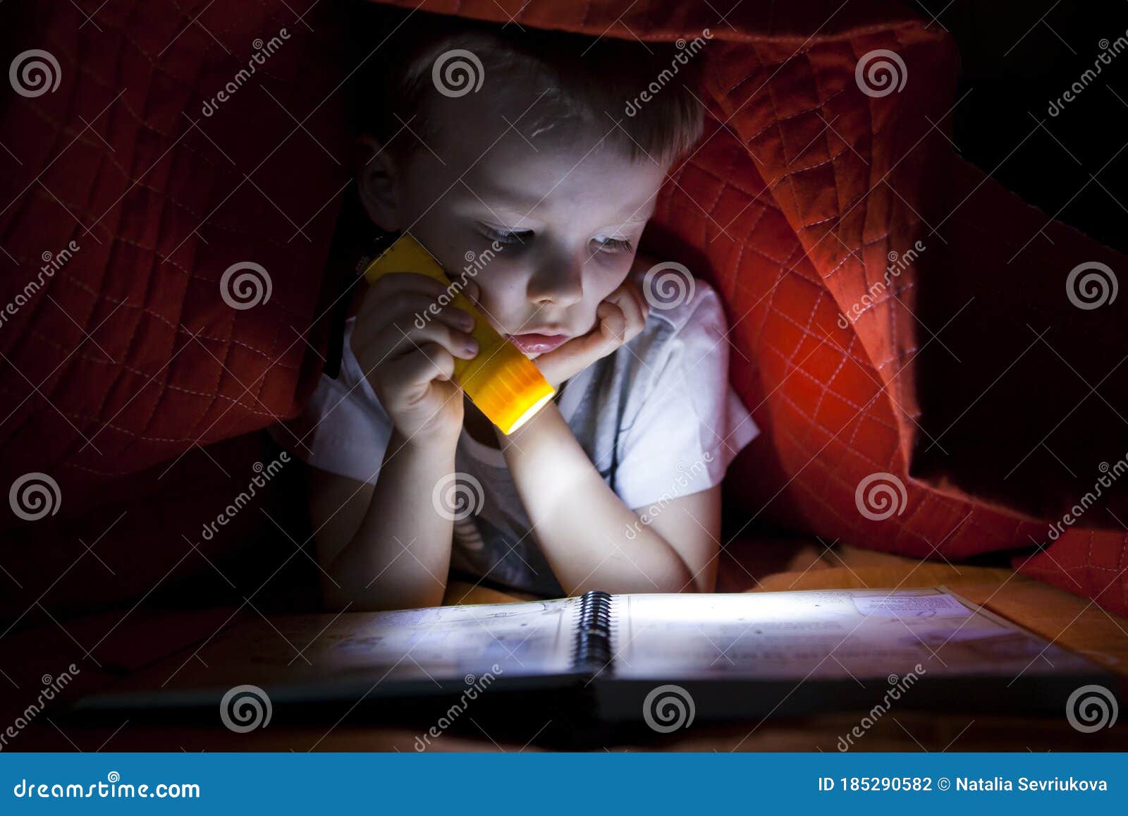Children Reading Book with Flashlight Stock Photo - Image of learning ...