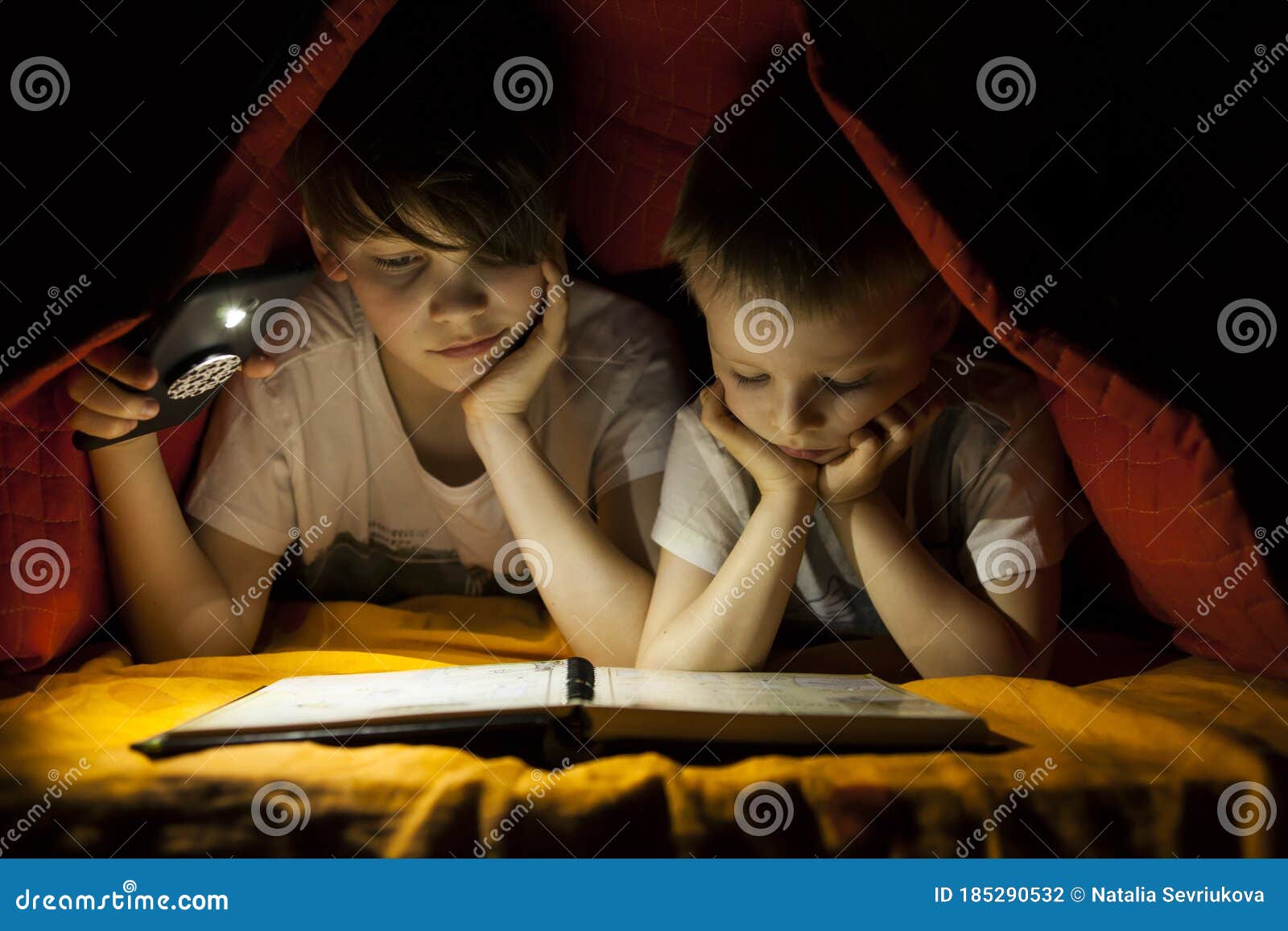 Children Reading Book with Flashlight Stock Photo - Image of literature ...