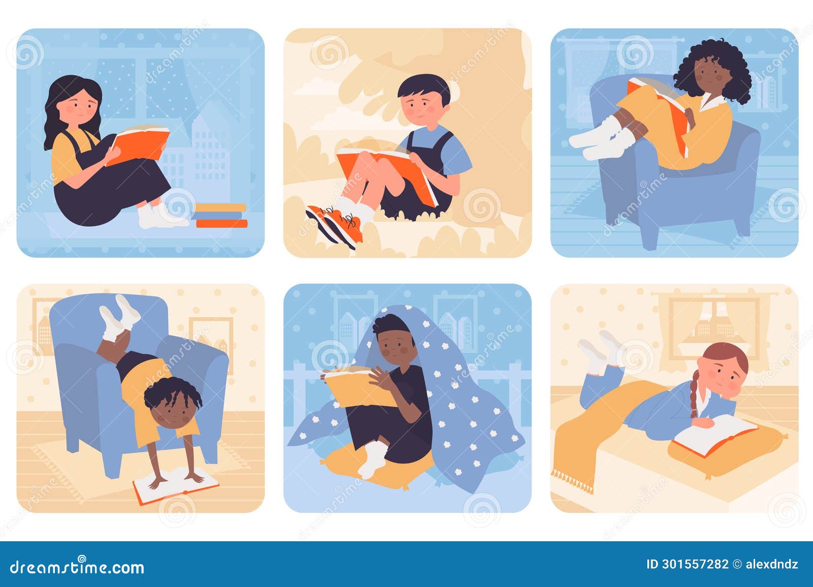 Children Reading Books Concept with People Situation Set in Flat Web ...