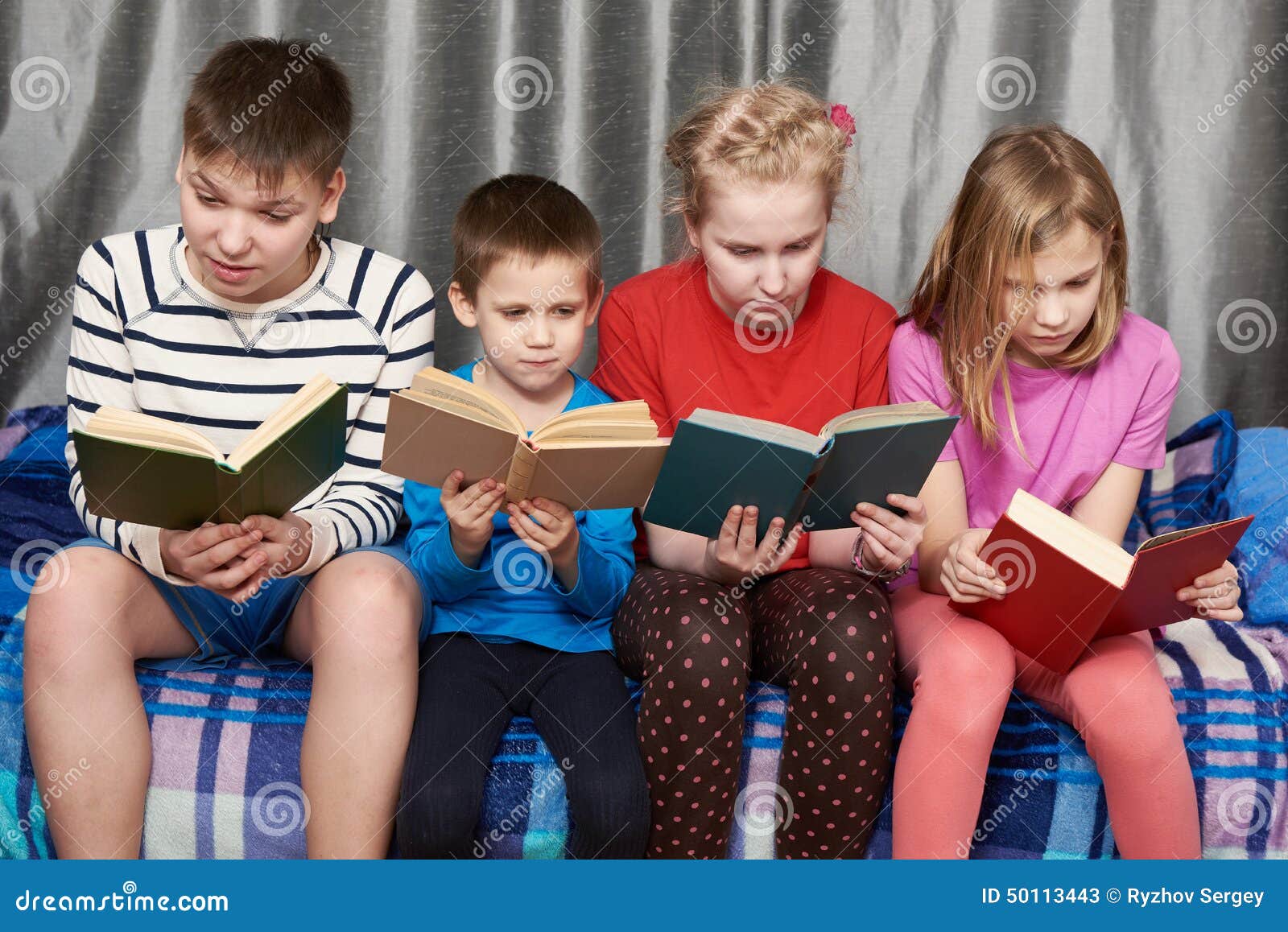 Children Reading Books at Home Stock Image - Image of looking, language ...