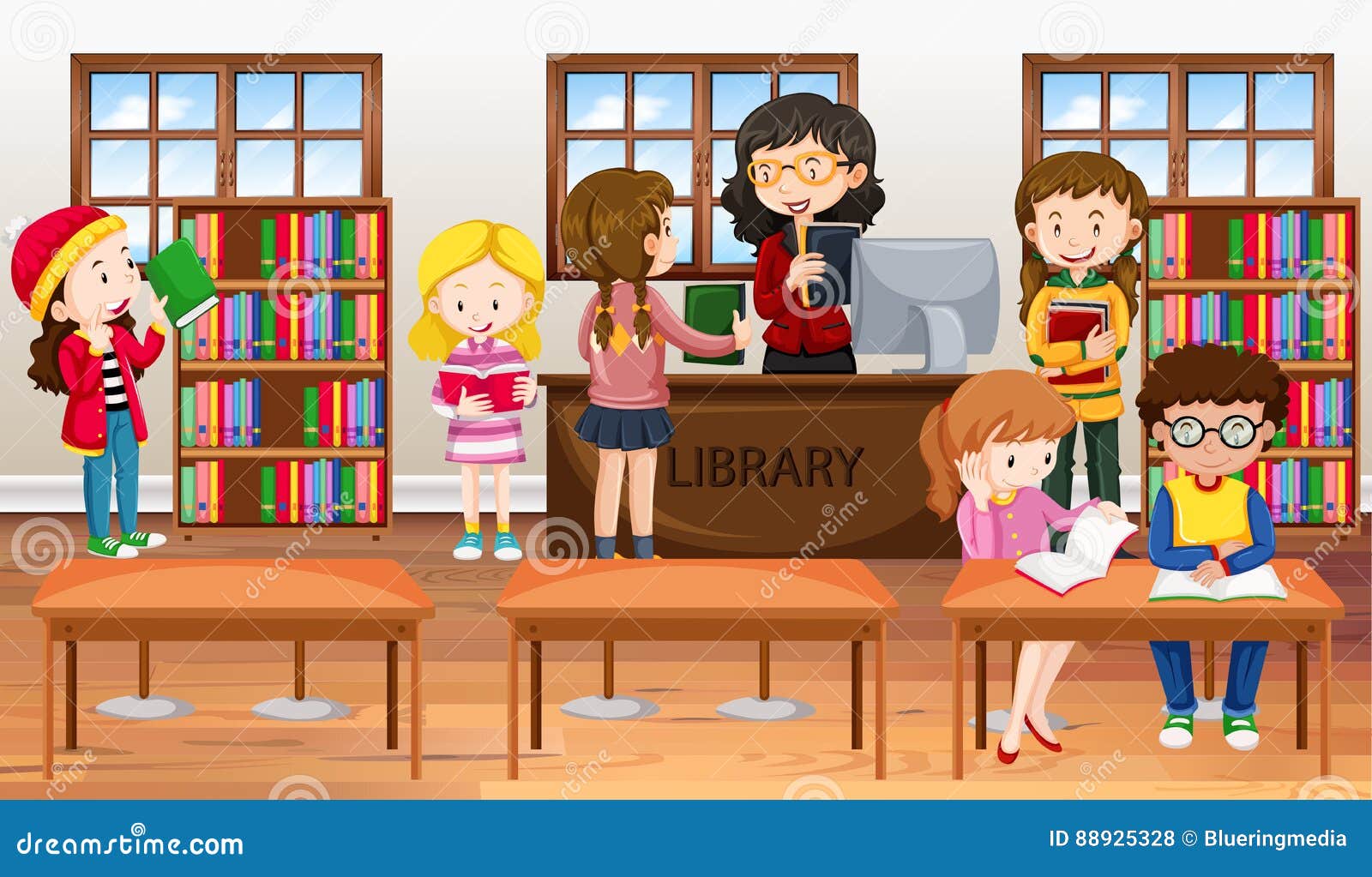 Children Reading Books in Library Stock Vector - Illustration of young ...