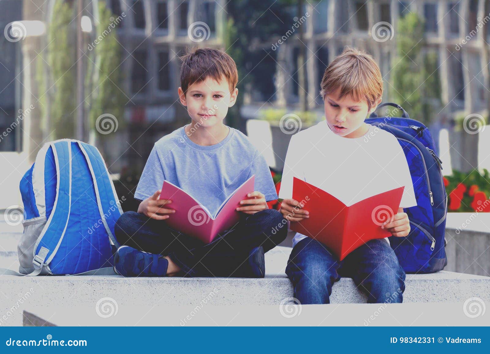 Children Reading Books Outdoors. Stock Image - Image of book, learn ...