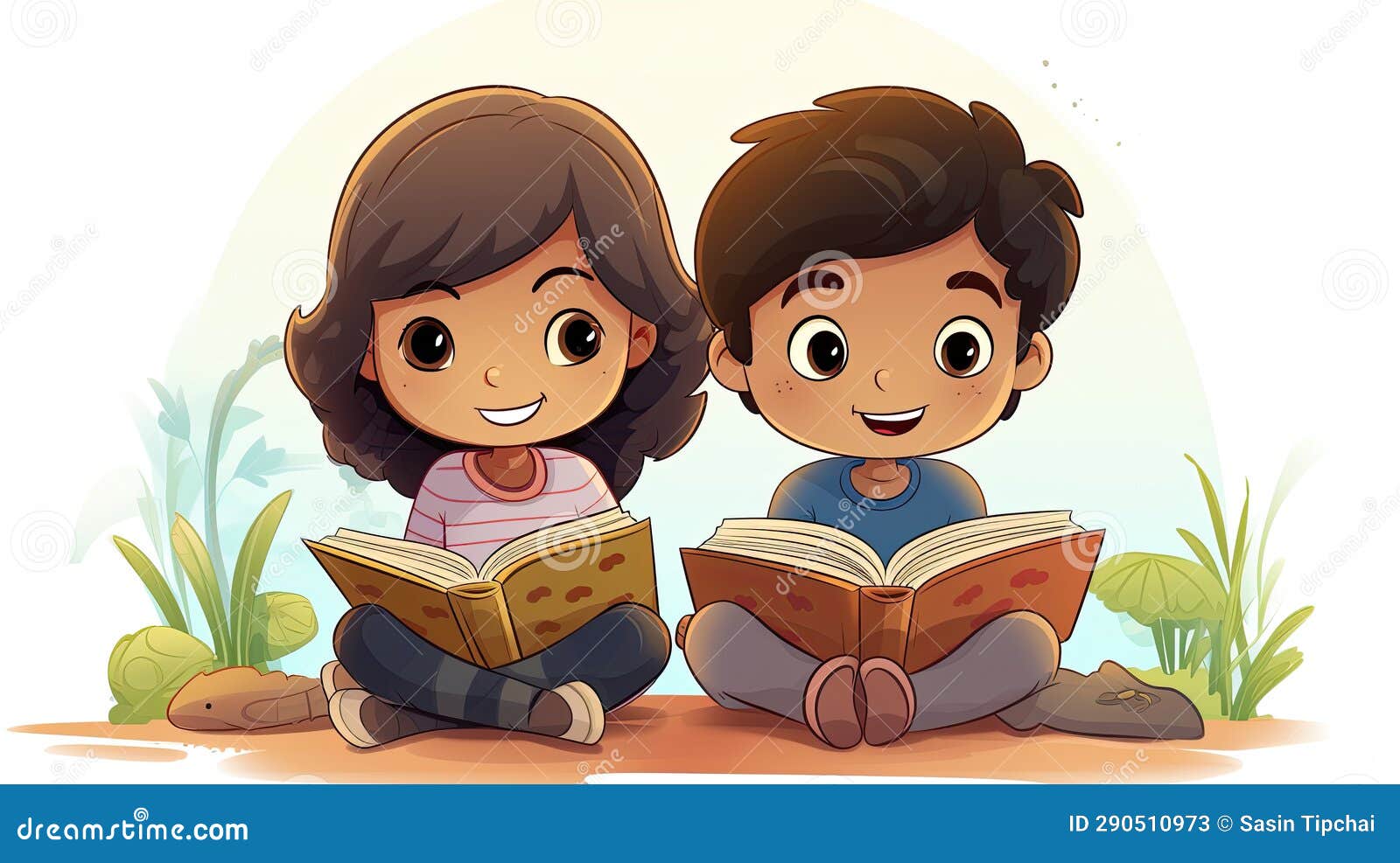 Children Reading from Books Together while Sitting Down Stock ...