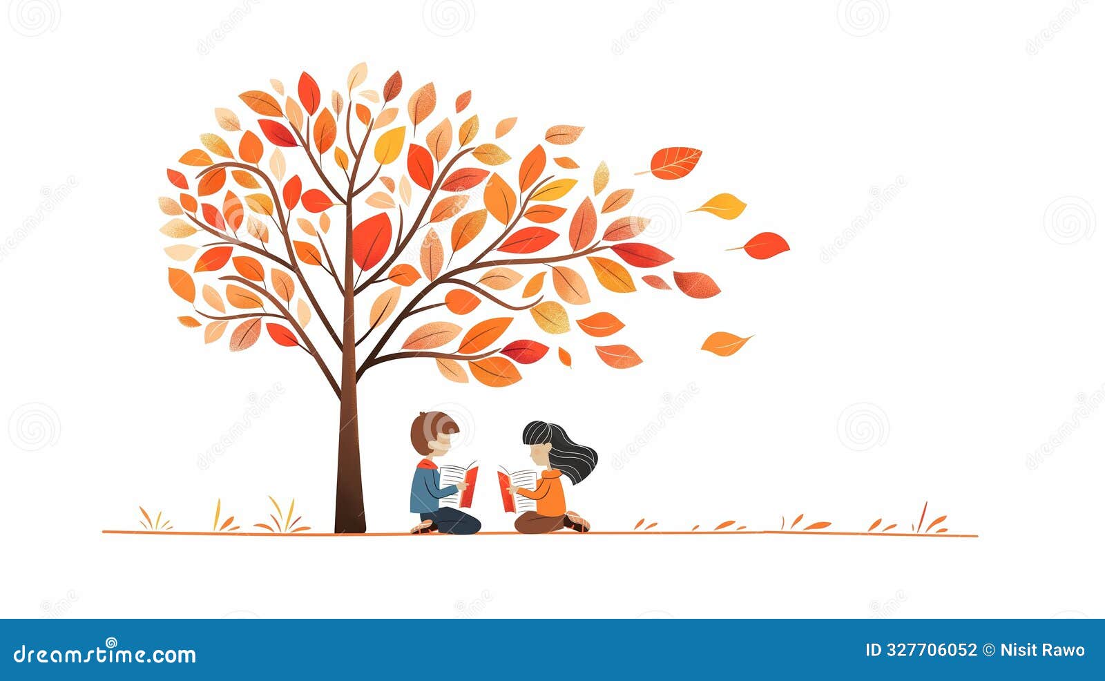 Children Reading Books Under Autumn Tree, Flat Design Illustration ...