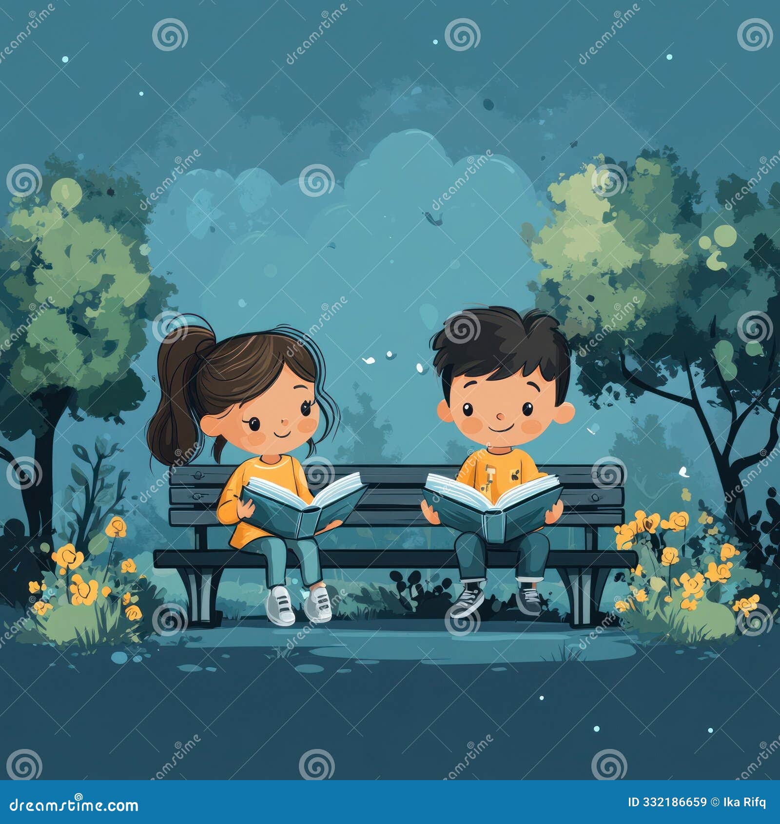 Children Reading on a Park Bench Illustration Stock Illustration ...