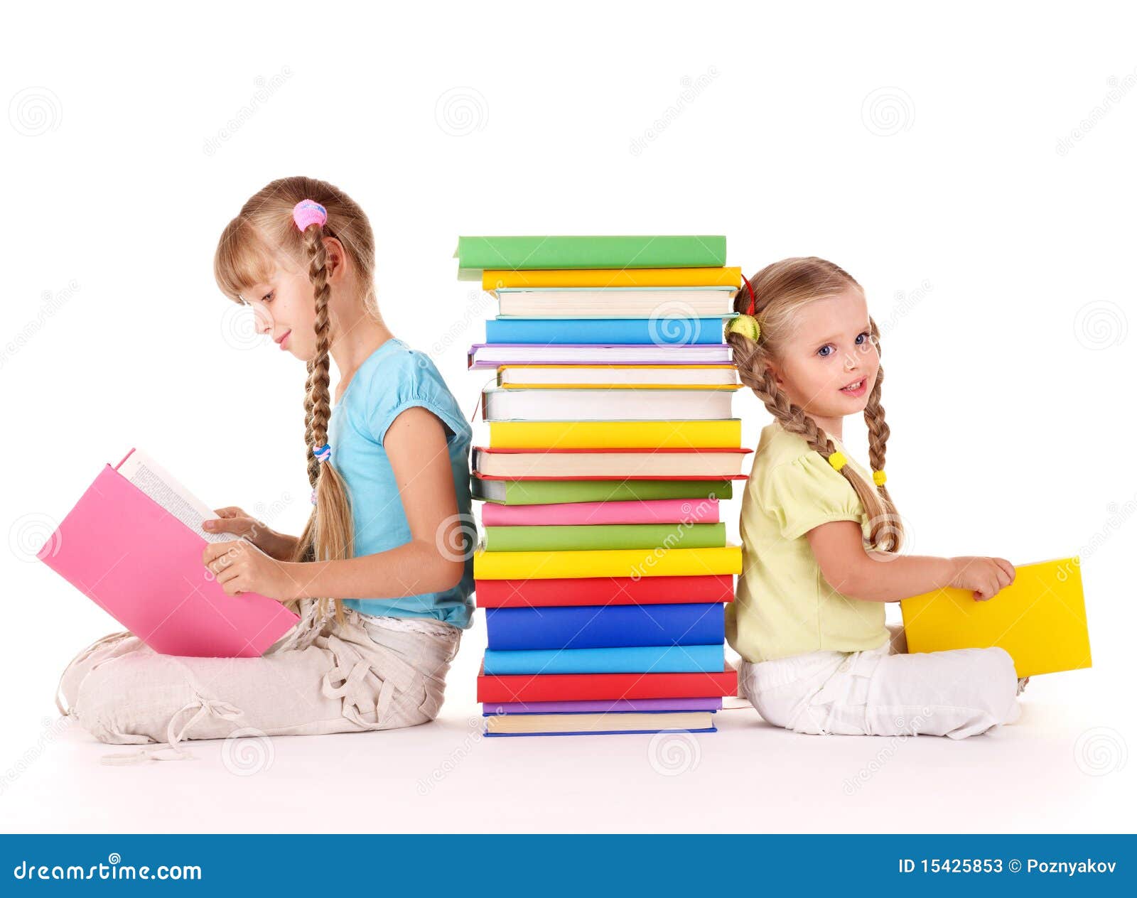 Children Reading Stack of Book. Stock Image - Image of cheerful ...
