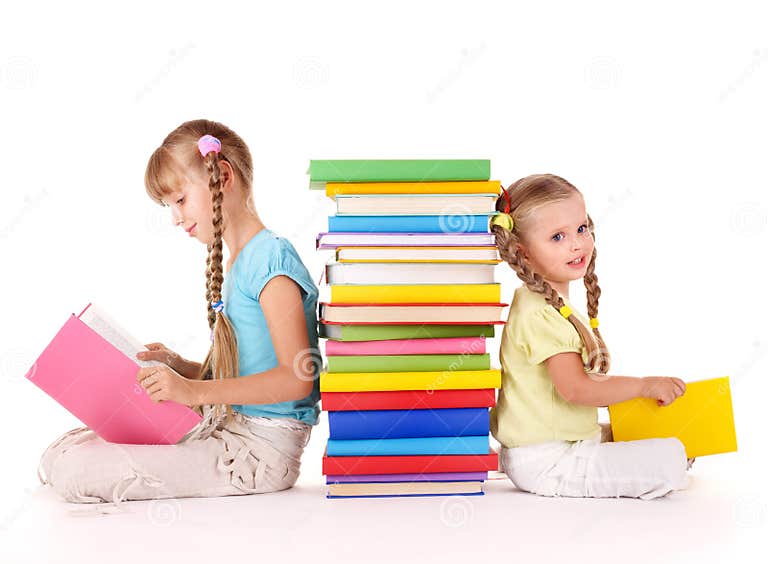 Children Reading Stack of Book. Stock Image - Image of cheerful ...