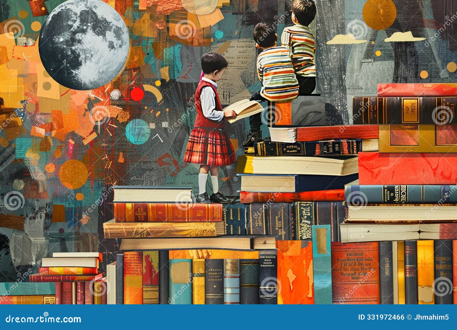 Children Reading on a Stack of Books Stock Illustration - Illustration ...
