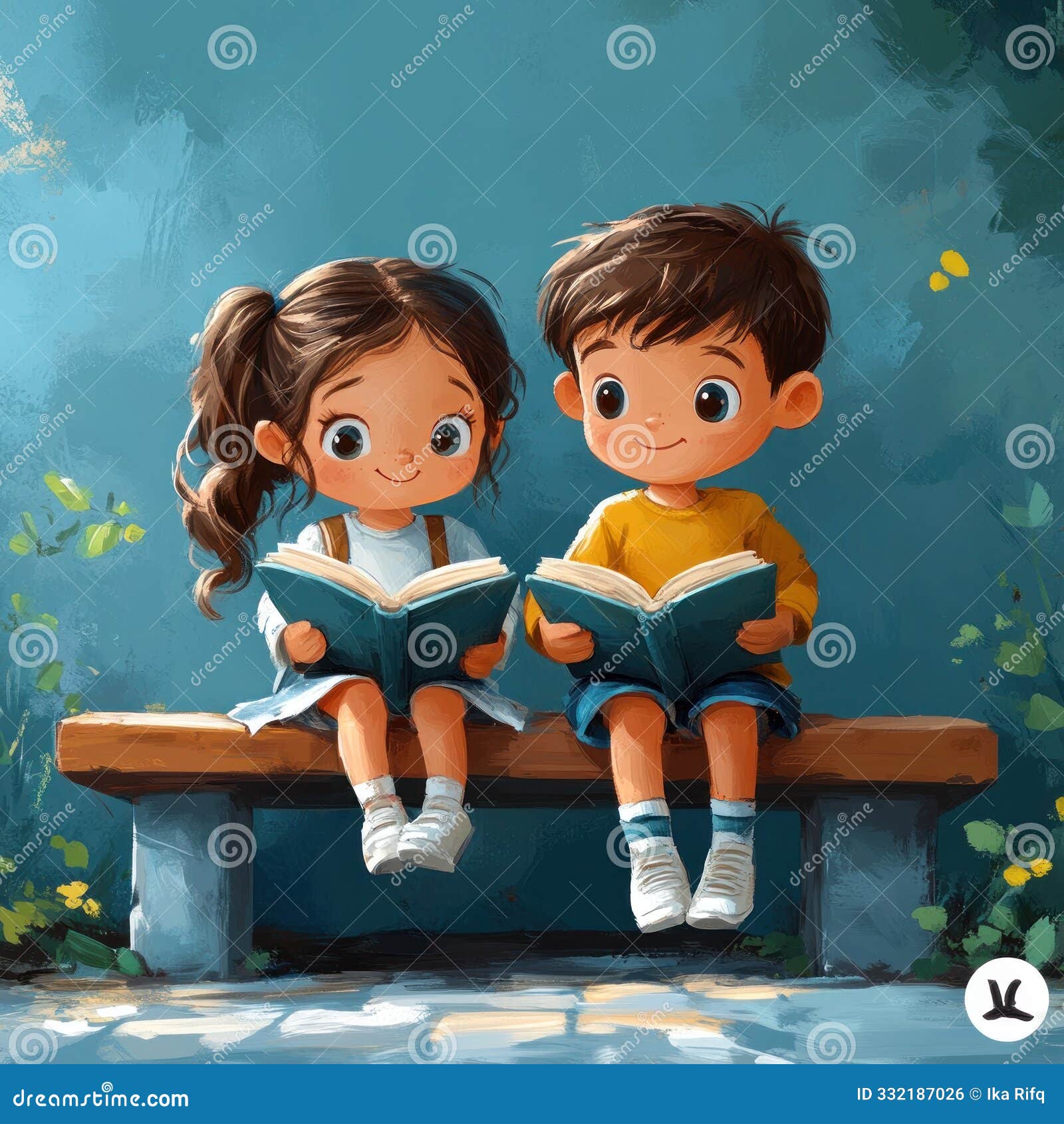 Children Reading Together on a Bench Illustration Stock Illustration ...