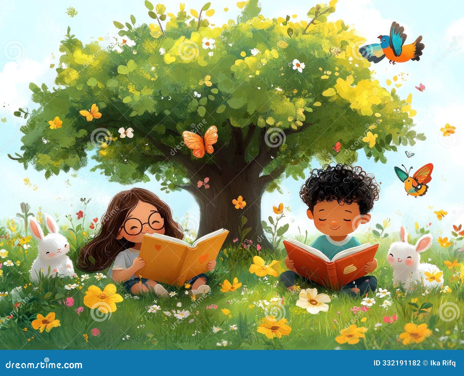 Children Reading Under Tree Illustration Stock Illustration ...