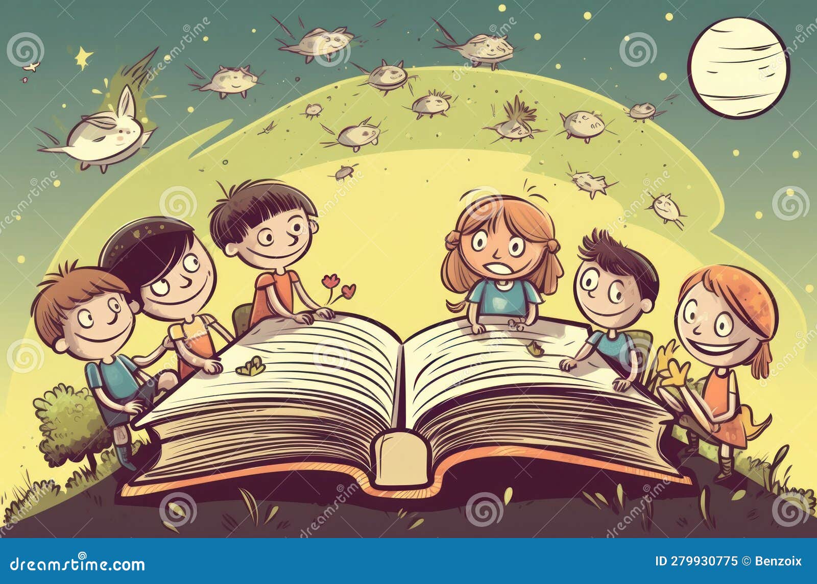 Children Reading and Writing Under the Tree. Generative AI. Stock ...