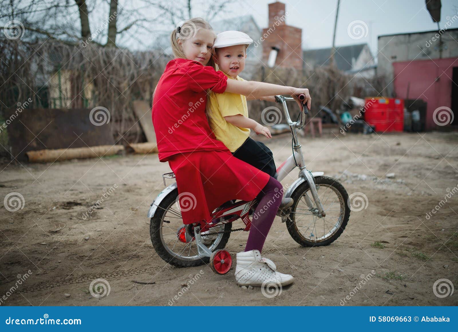 Children Ride on Bicycle in Yard Stock Image - Image of childhood, safe ...