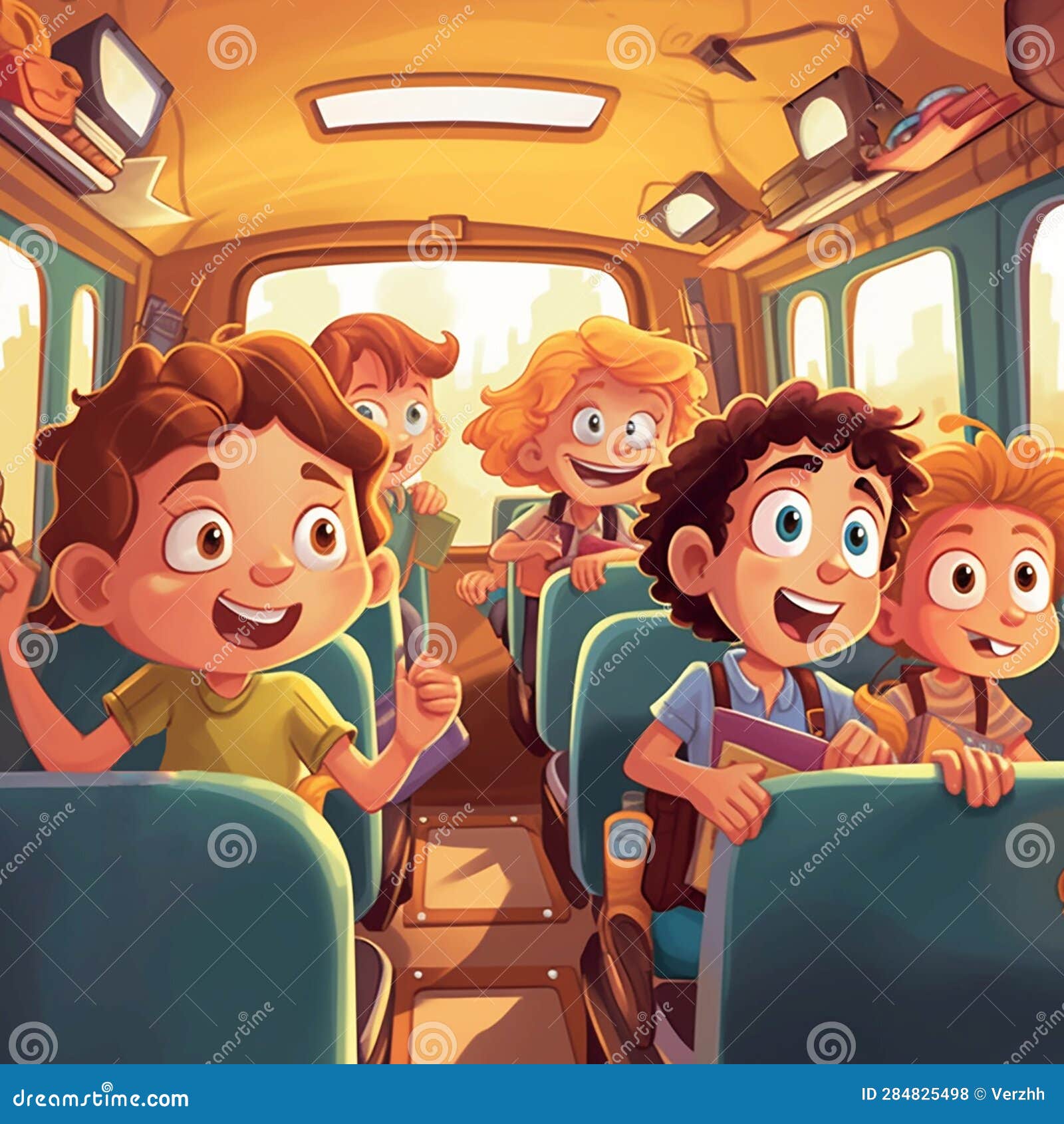 Children Ride Inside the School Bus Cartoon Style 1 Stock Illustration ...