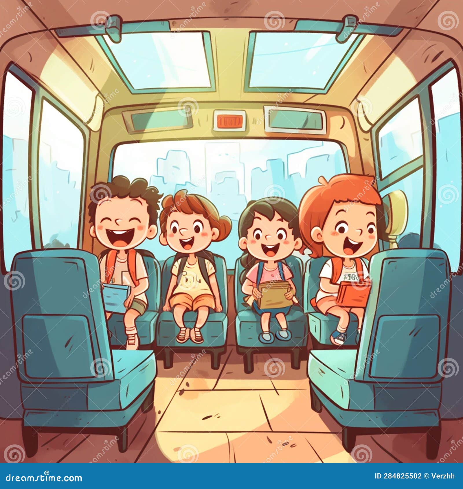Children Ride Inside the School Bus Cartoon Style 2 Stock Illustration ...