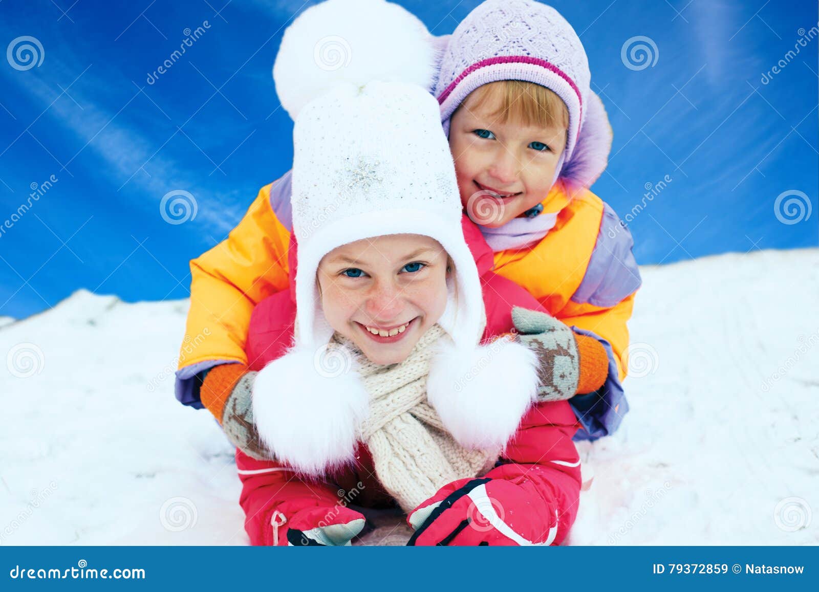 Children Ride from the Snow Slide. Winter Fun Stock Image - Image of ...