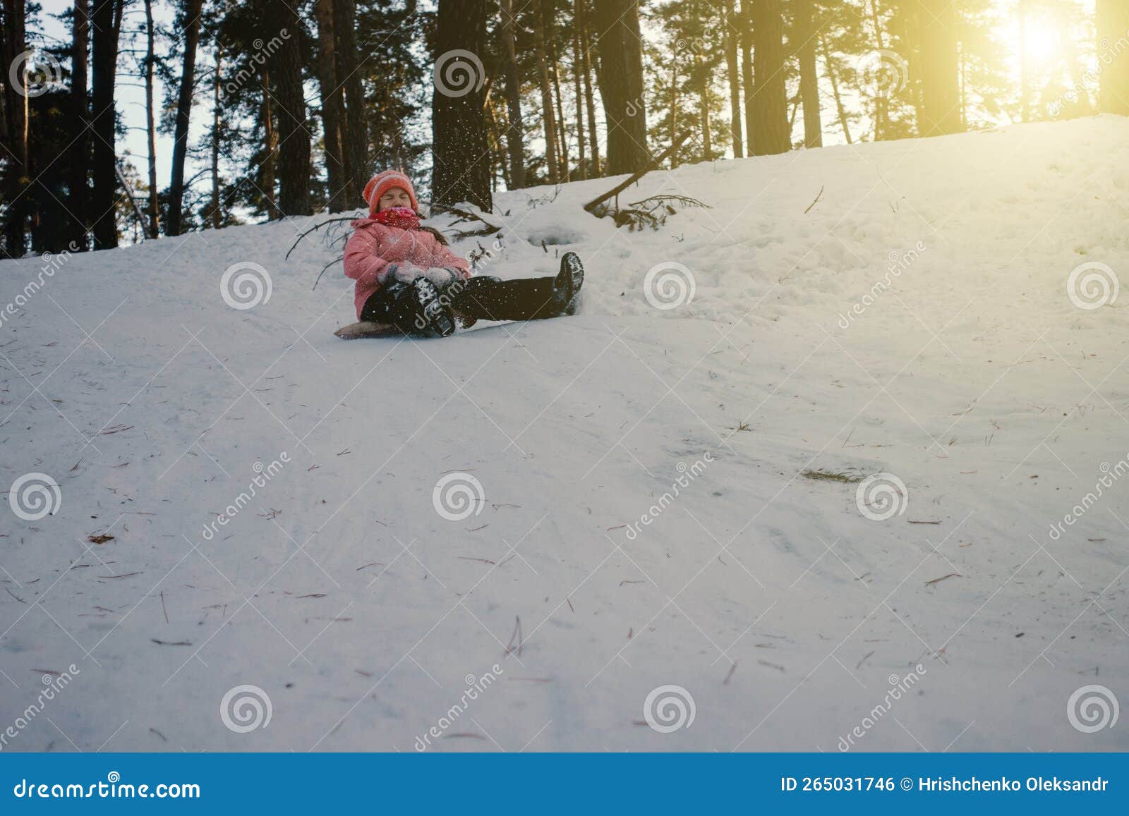 Children Ride on a Winter Slide in the Forest Stock Photo - Image of ...