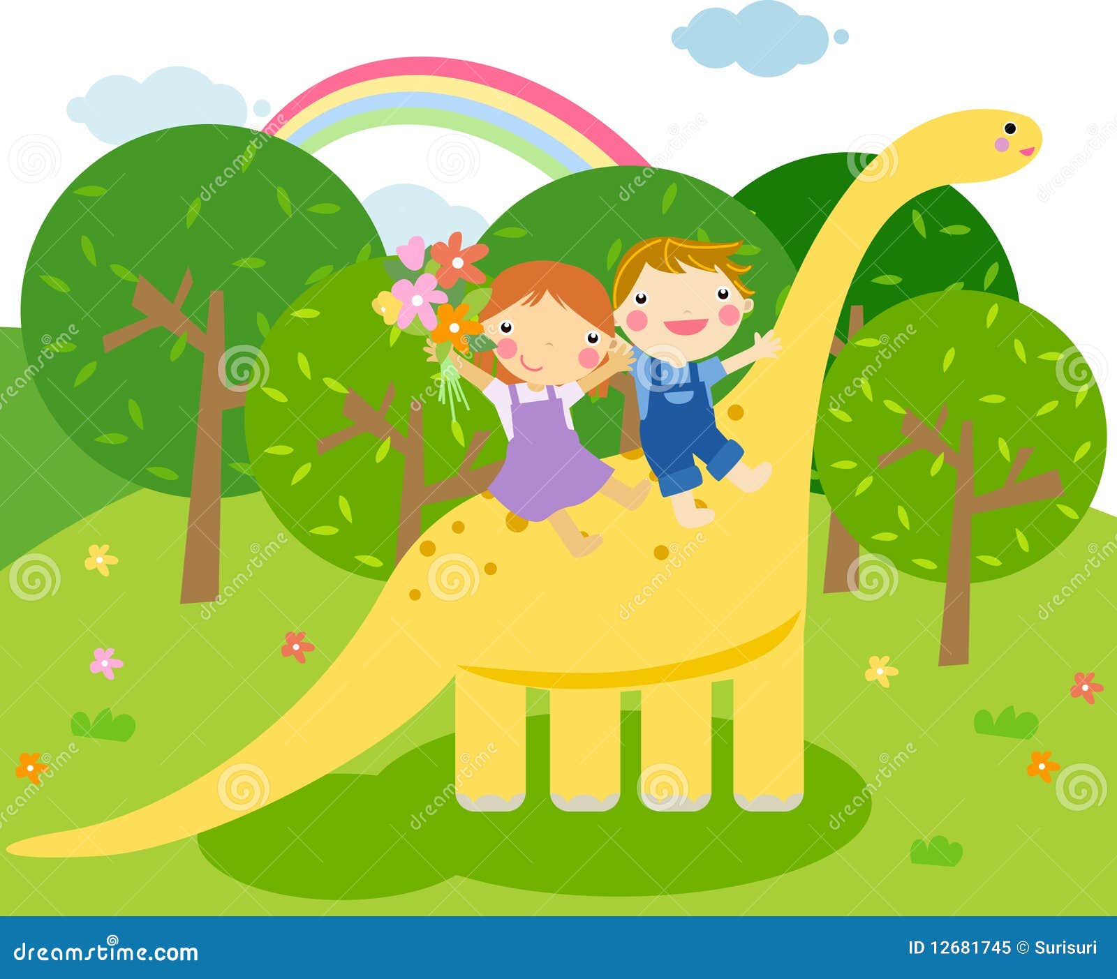 Children rides a dinosaur stock vector. Illustration of element - 12681745