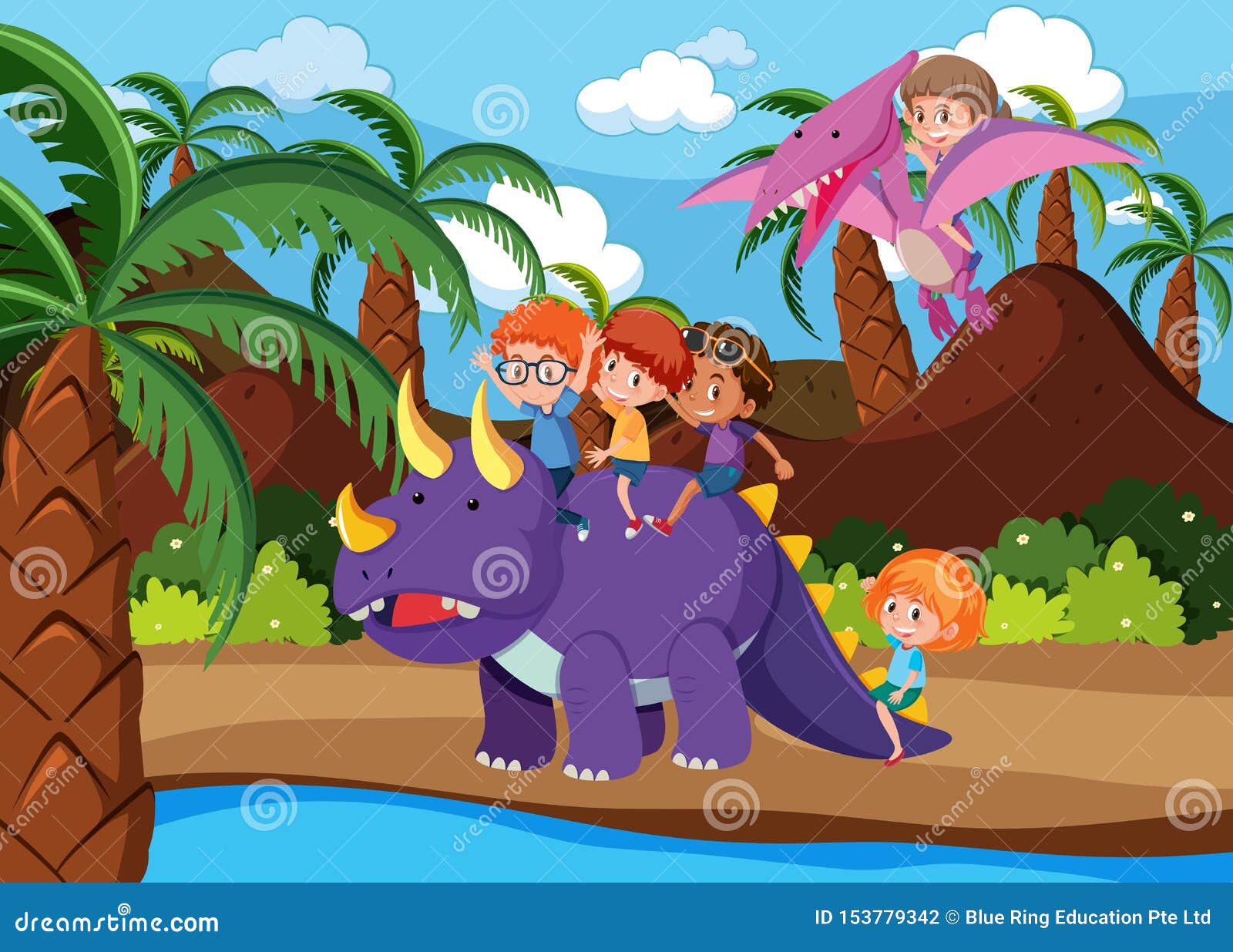 Children Riding Dinosaur Scene Stock Vector - Illustration of water ...