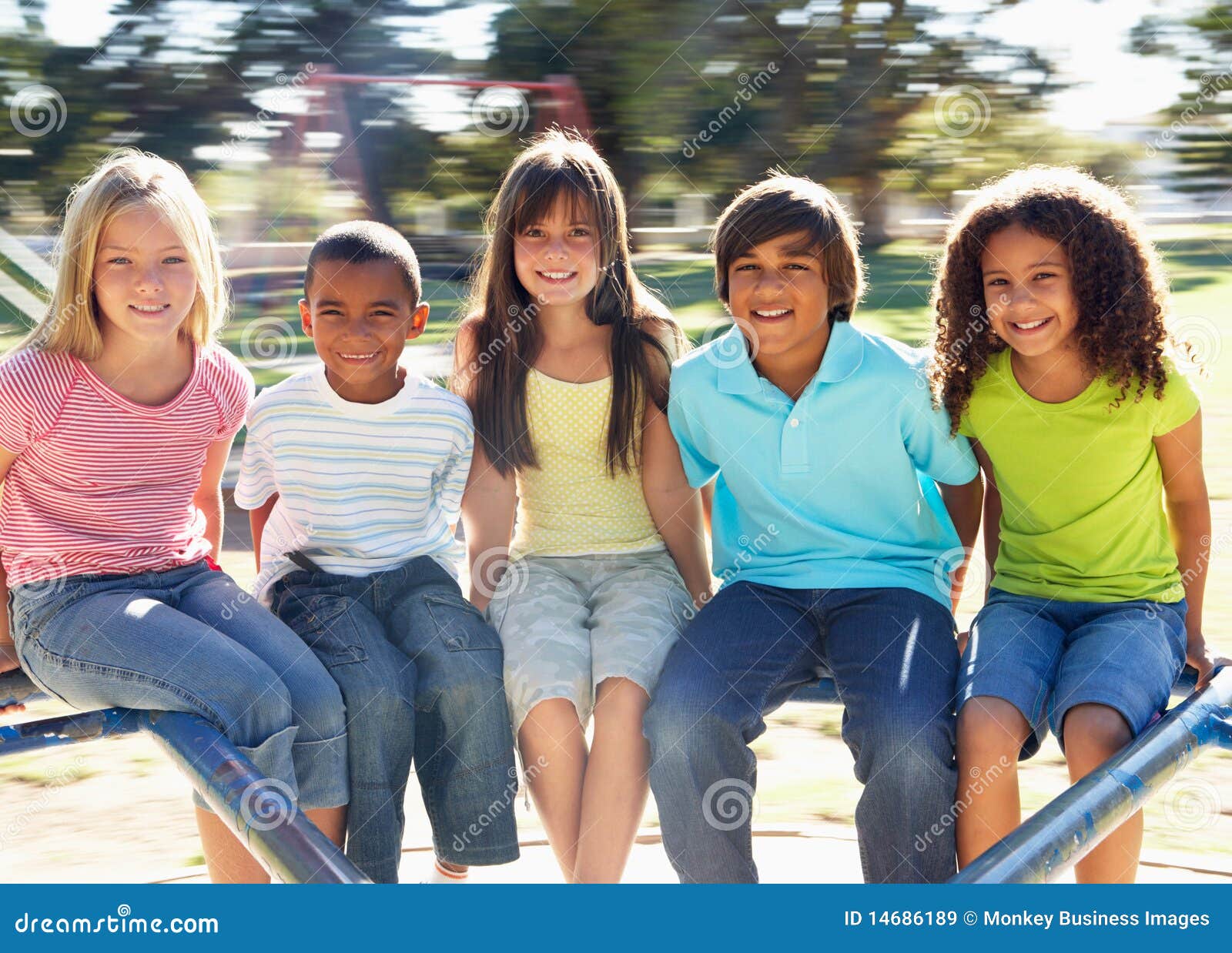 Children Riding on Roundabout in Playground Stock Image - Image of five ...