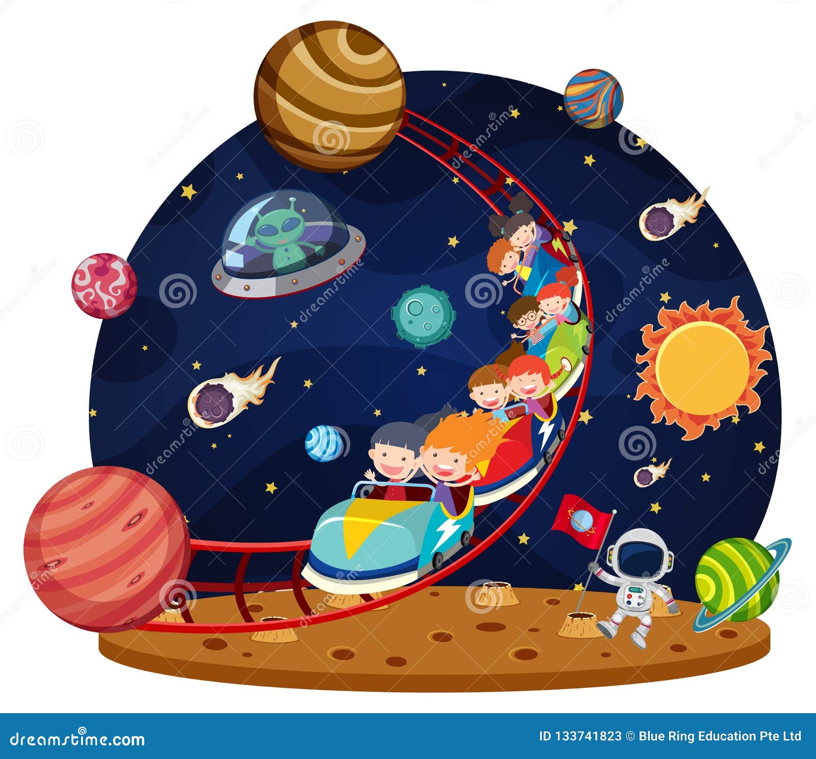 Children Riding Space Roller Coaster Stock Illustration - Illustration ...