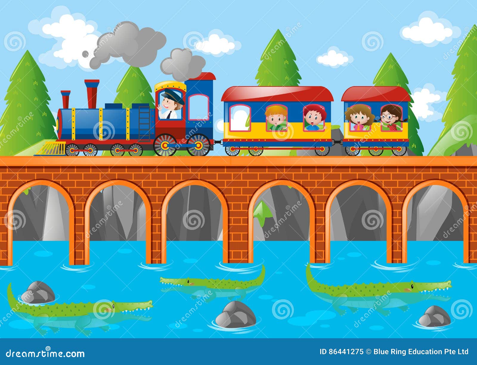 Children Riding on Train Over the Bridge Stock Vector - Illustration of ...