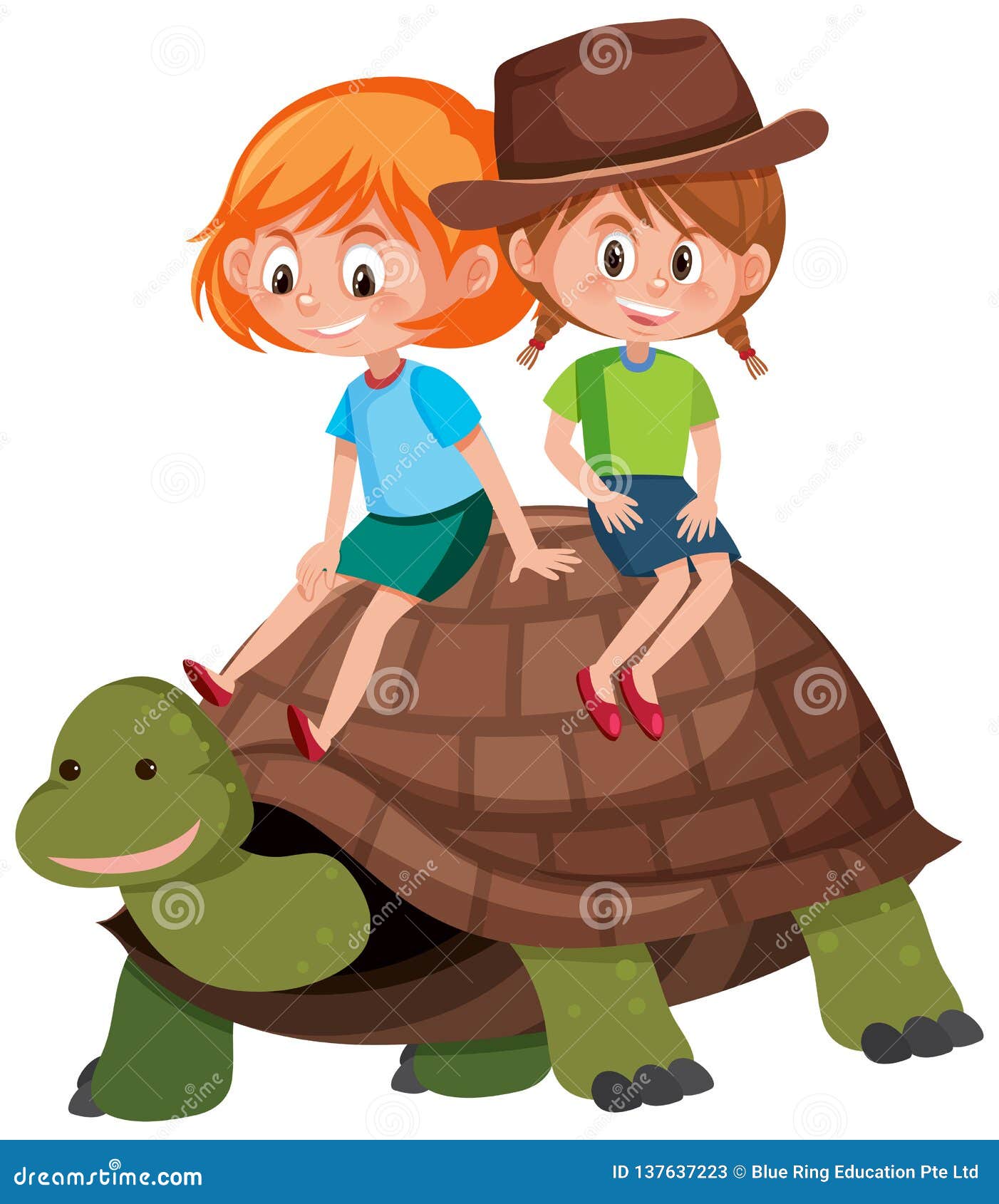 Children riding on turtle stock vector. Illustration of drawing - 137637223