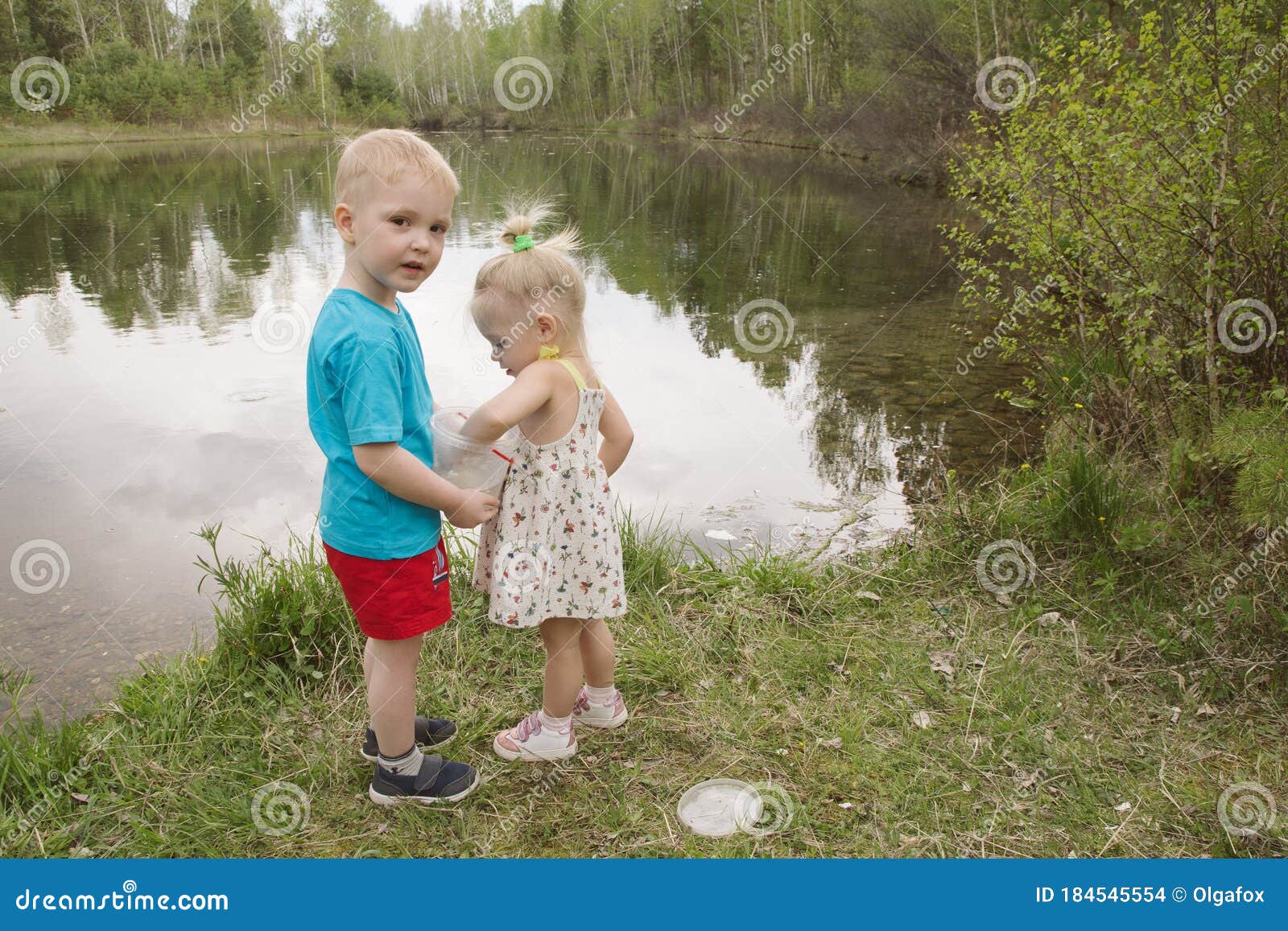 Children on a River in a Forest Catch Fish Stock Photo - Image of ...