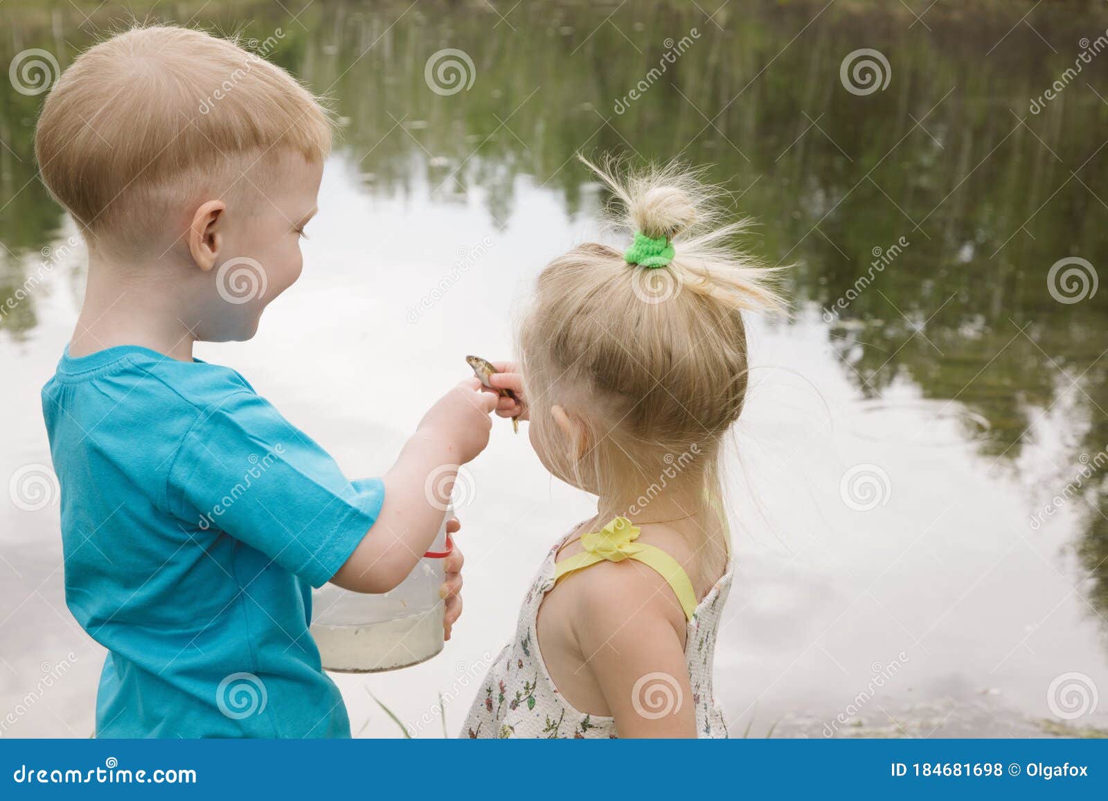 Children on a River in a Forest Catch Fish Stock Photo - Image of child ...