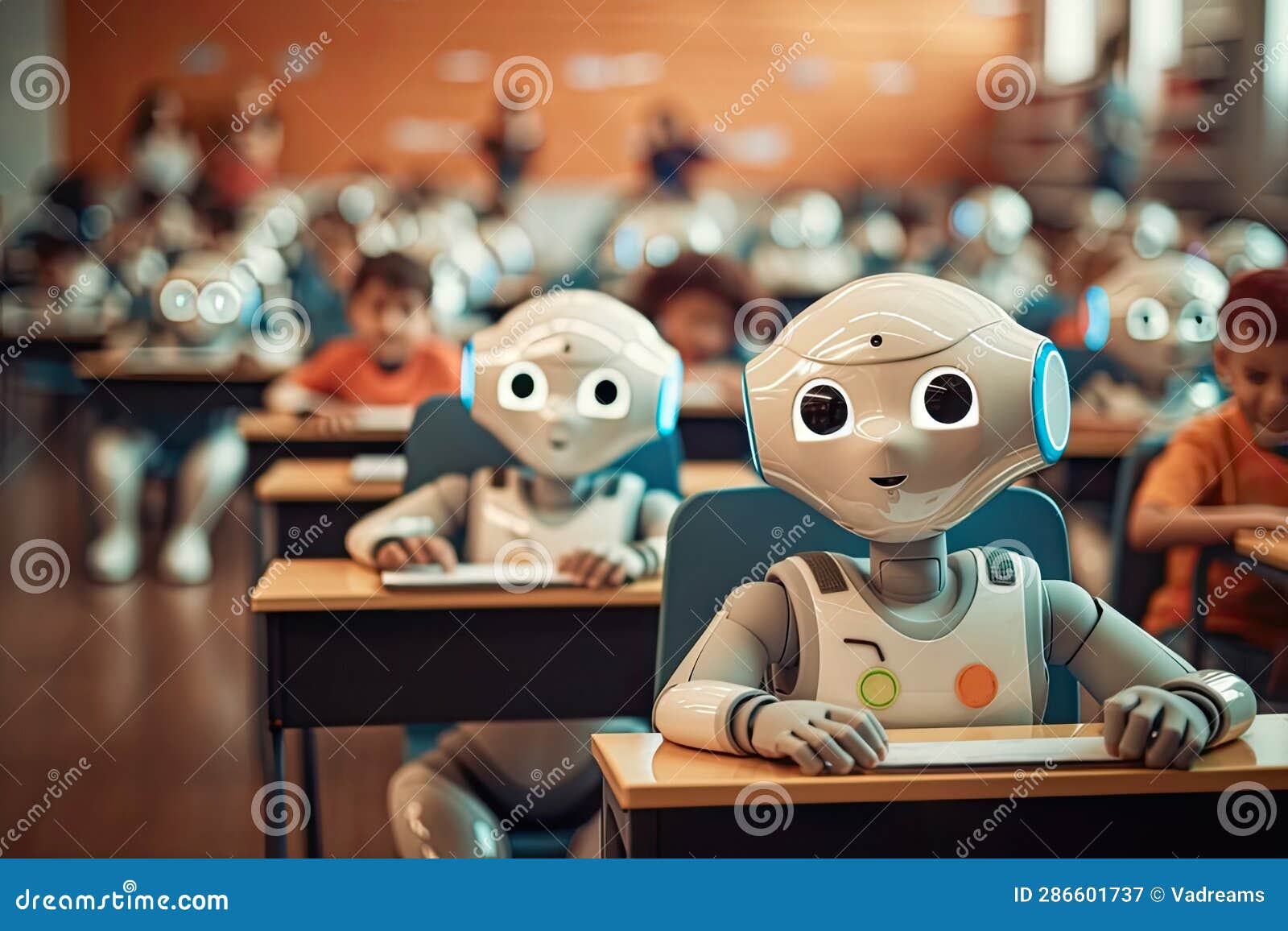 Children and Robots at School. Elementary Age Pupils in Class Stock Illustration - Illustration ...