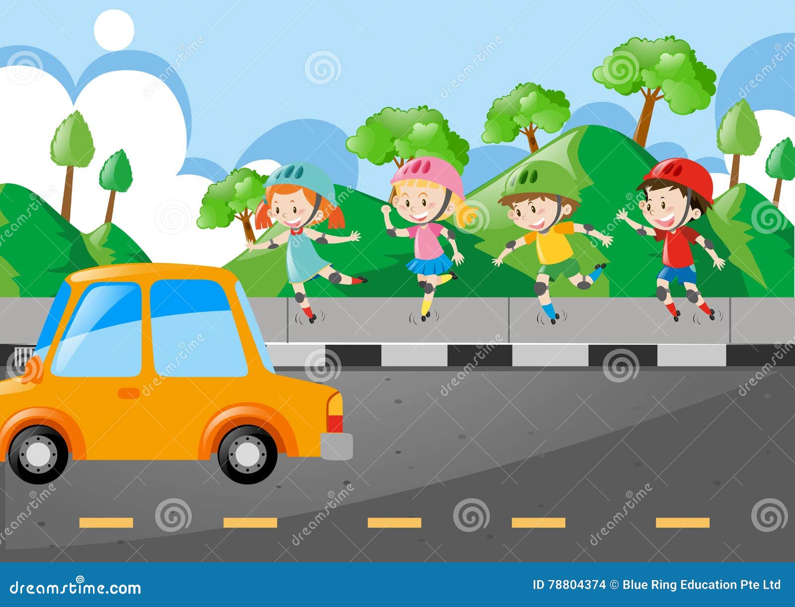 Children Rollerskate on the Pavement Stock Illustration - Illustration ...