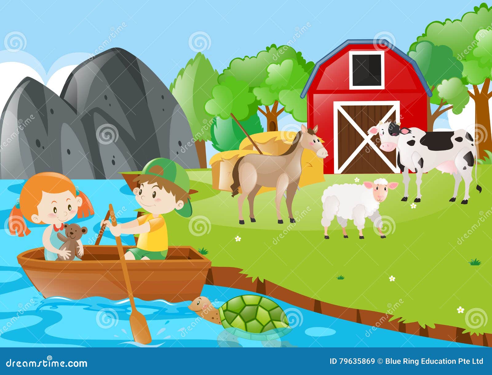 Children Rowing Boat in the Farmyard Stock Illustration - Illustration ...