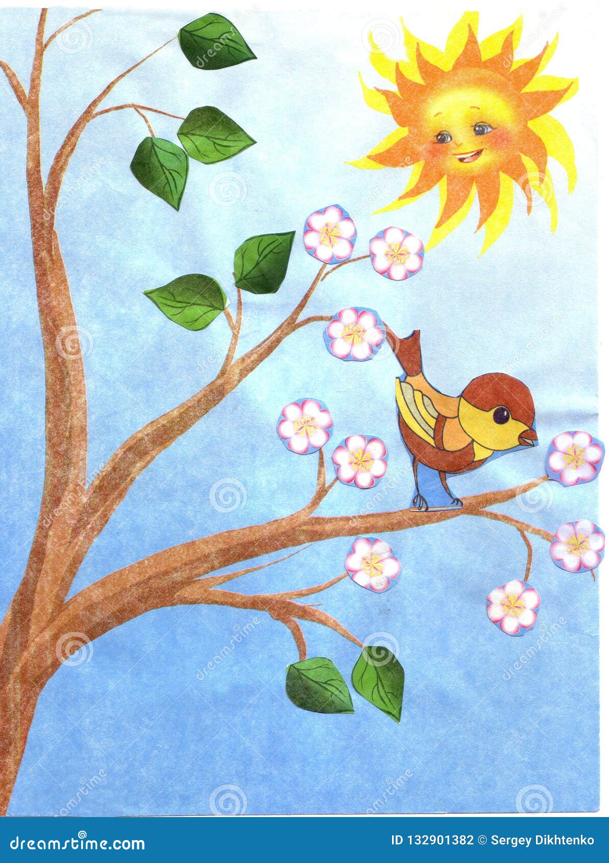 Children`s Applique Sun, Tree, Bird Stock Illustration - Illustration ...