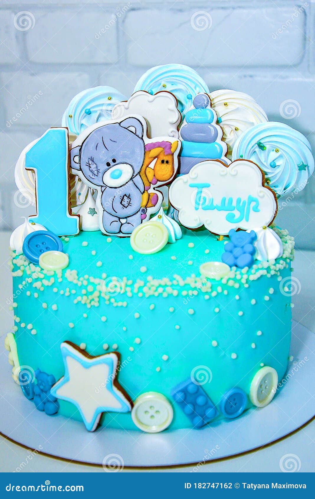 Children`s Blue Cake with a Teddy Bear Stock Photo - Image of timur ...