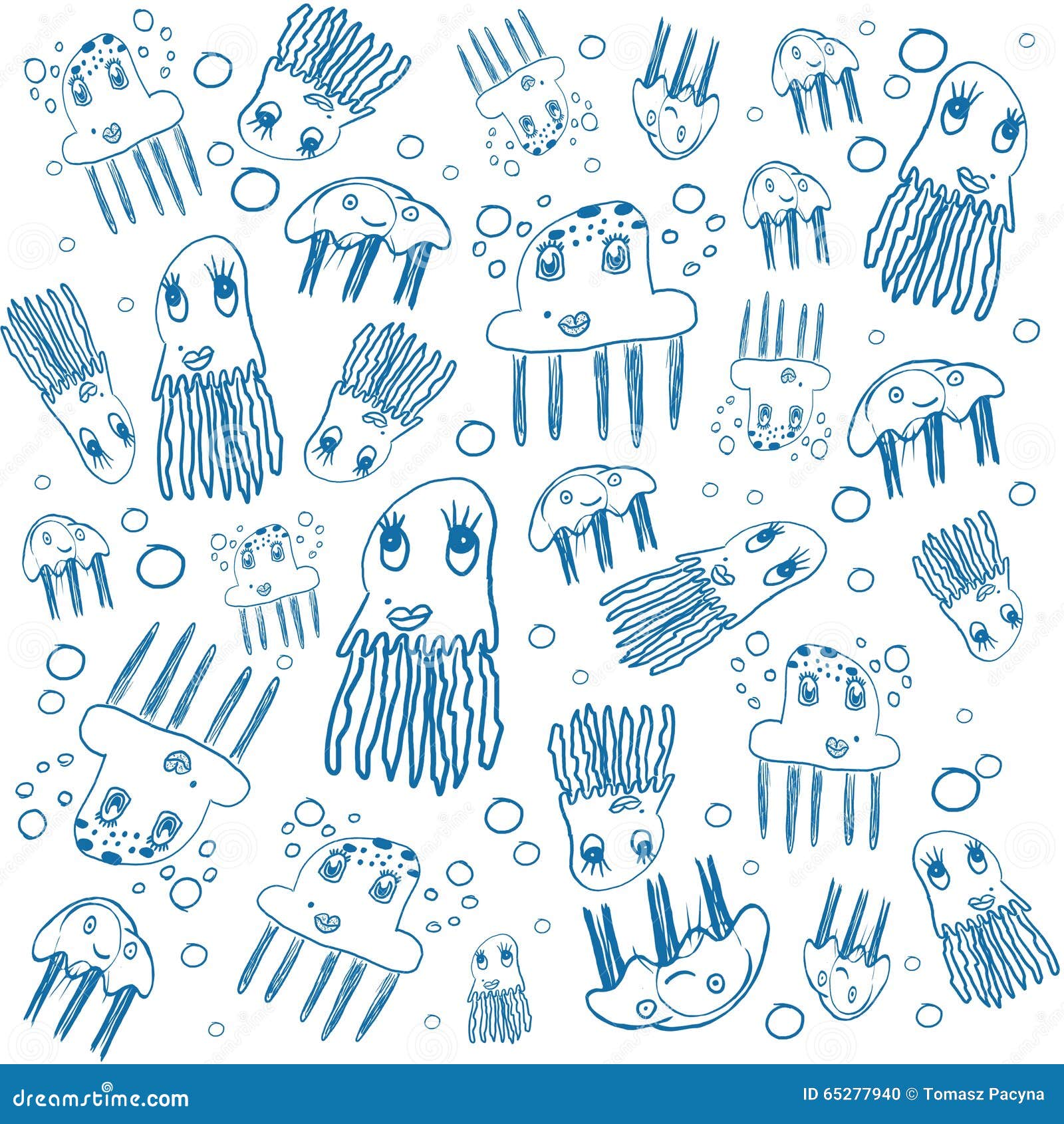 Children S Blue Jellyfish Drawings Frame on White Stock Illustration ...