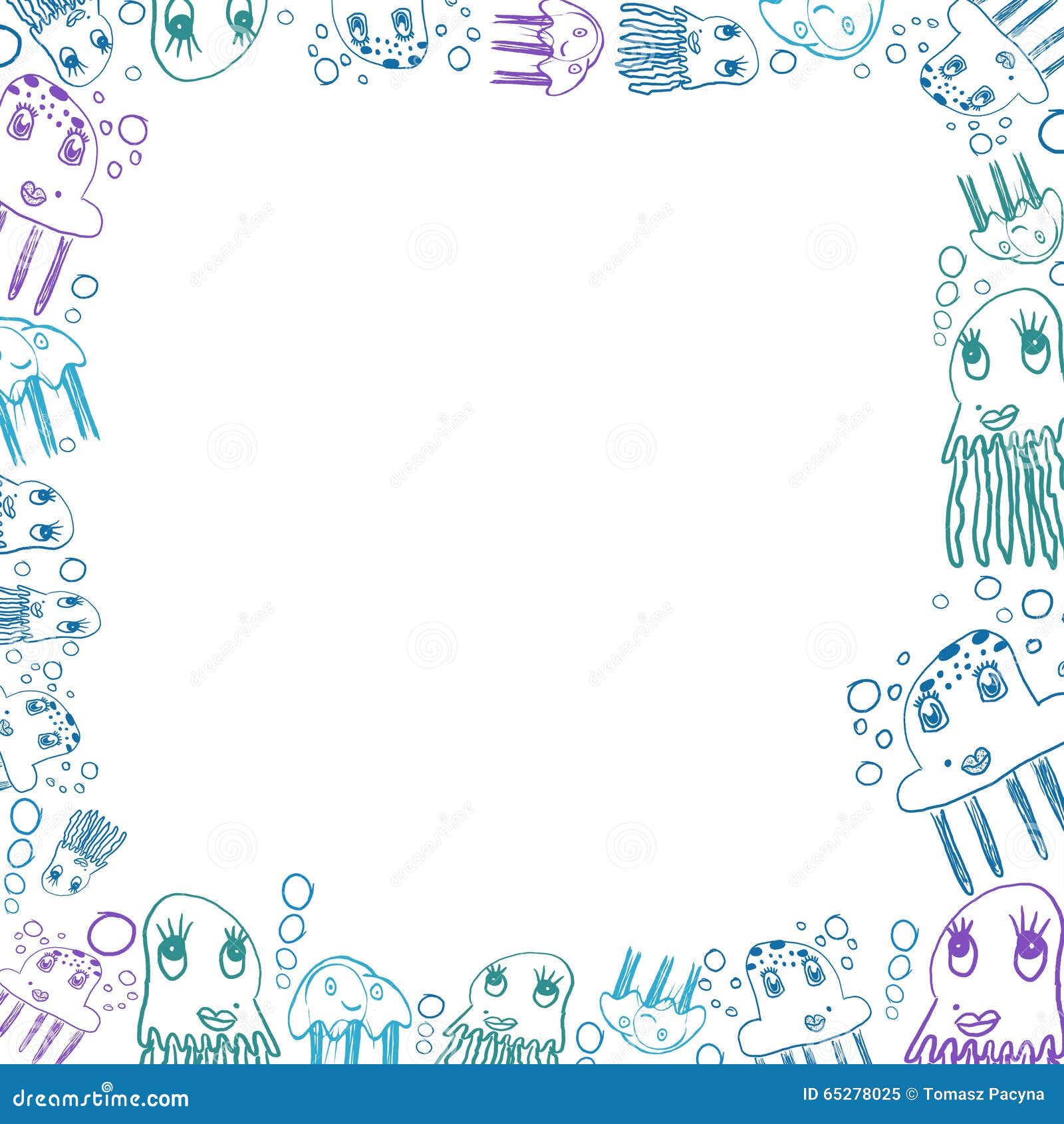 Children S Blue Jellyfish Drawings Square Frame Stock Illustration ...