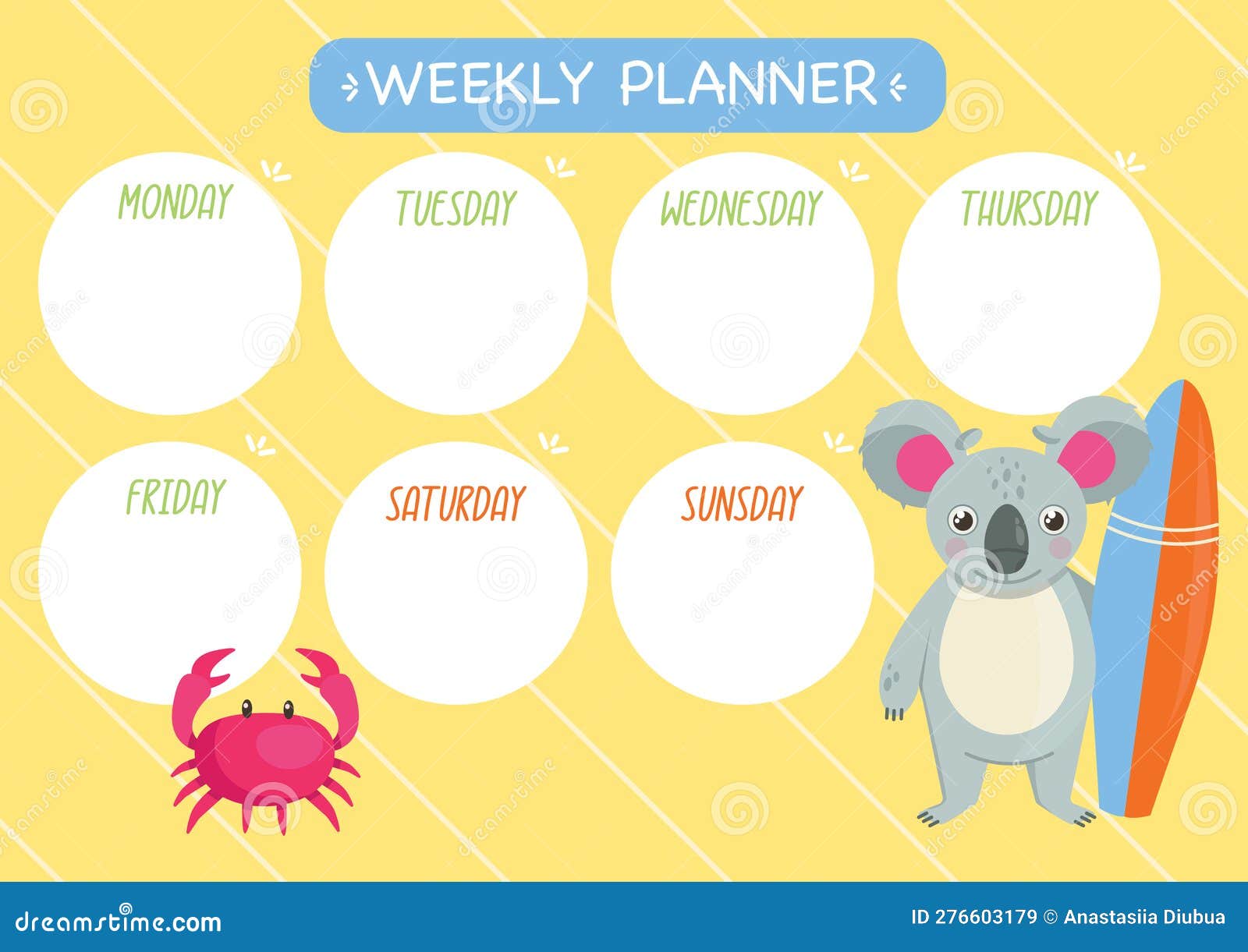 Children S Cute Week Planner. Horizontal. with Cute Koala Character and ...