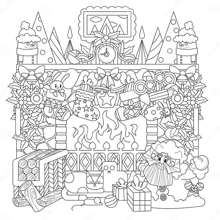 Children`s Developing the Game. Coloring. Christmas Fireplace with Cats ... Children`s Developing the Game. Coloring. Christmas Fireplace with Cats ...